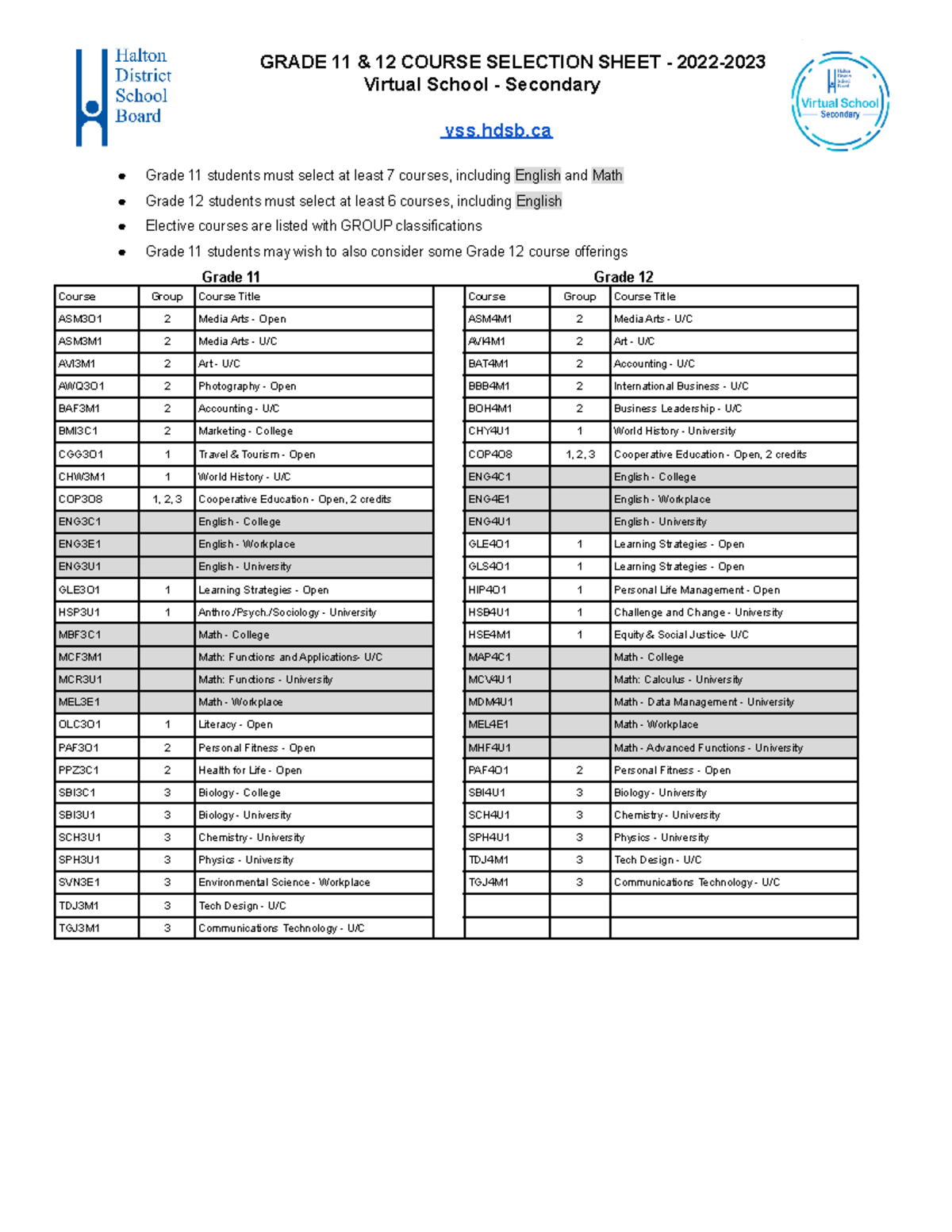 Hdsb - Course Outline - GRADE 11 & 12 COURSE SELECTION SHEET - 2022 ...