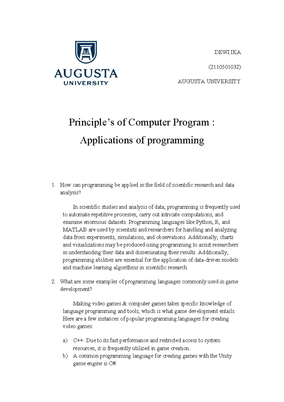 Principle’s of Computer Program Chapter 6 (assignment) - DEWI IKA (2110501032) AUGUSTA ...