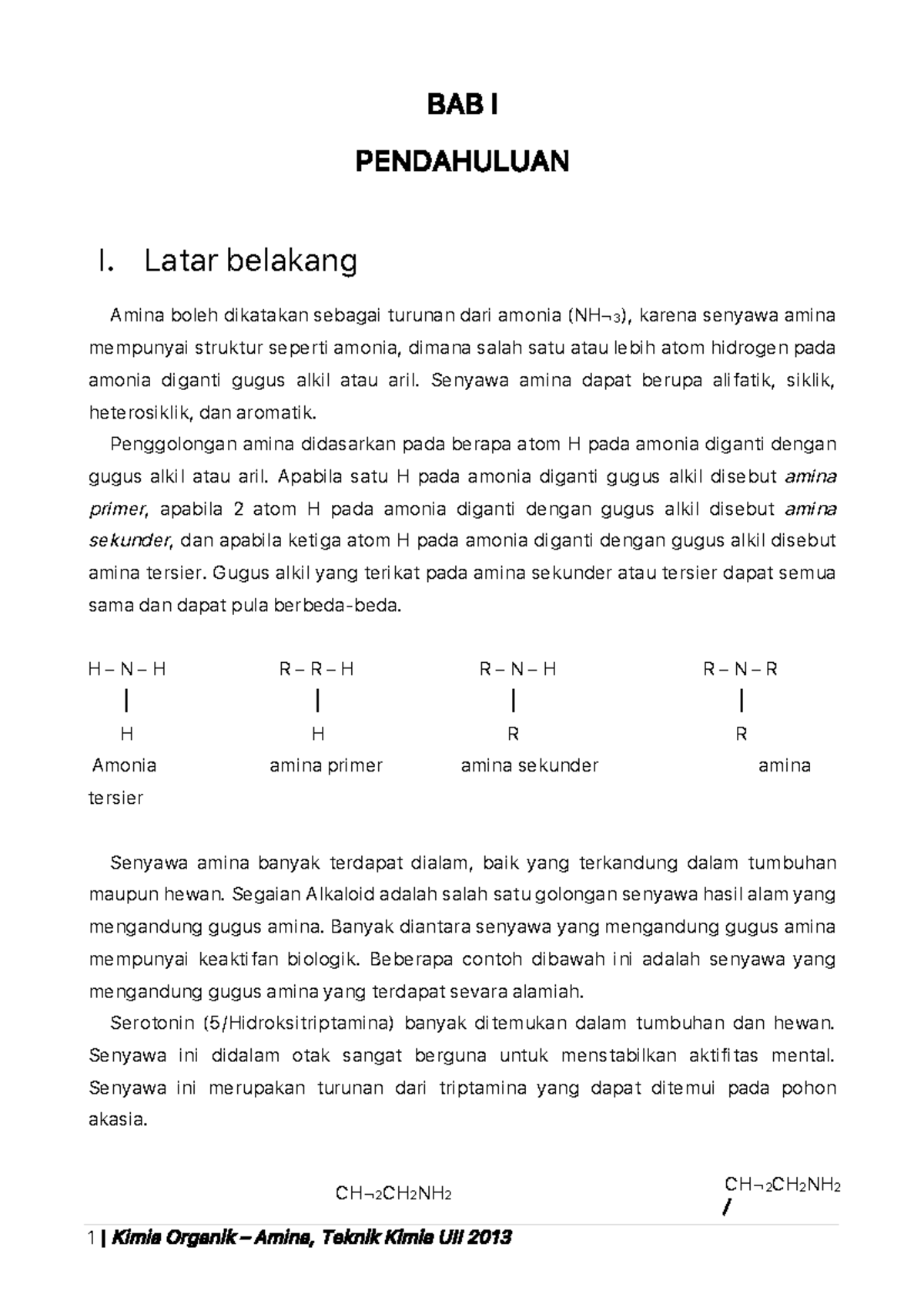 Kimia organik amina - BAB I PENDAHULUAN I. Latar belakang Amina boleh ...