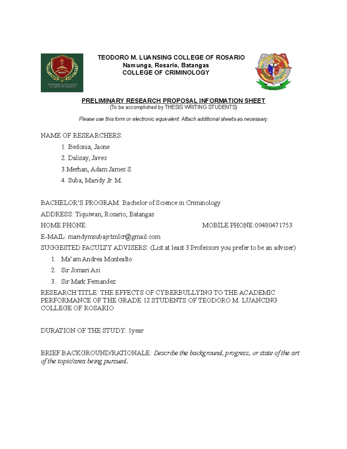 Title- Proposal- Sheet - TEODORO M. LUANSING COLLEGE OF ROSARIO Namunga ...