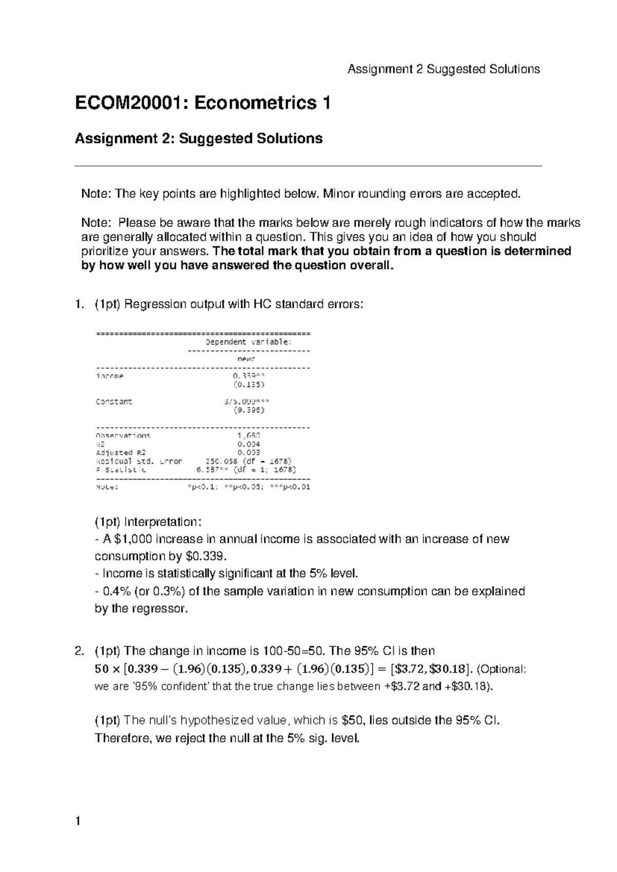 Assignment 2 solutions sem 2 2021 - ECOM20001: Econometrics 1 Assignment 2: Suggested Solutions ...