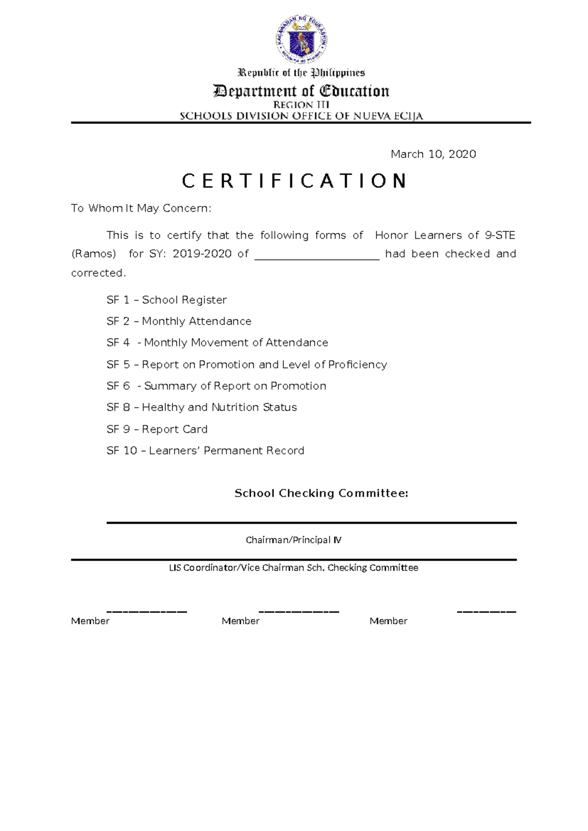 Certification - March 10, 2020 C E R T I F I C A T I O N To Whom It May ...