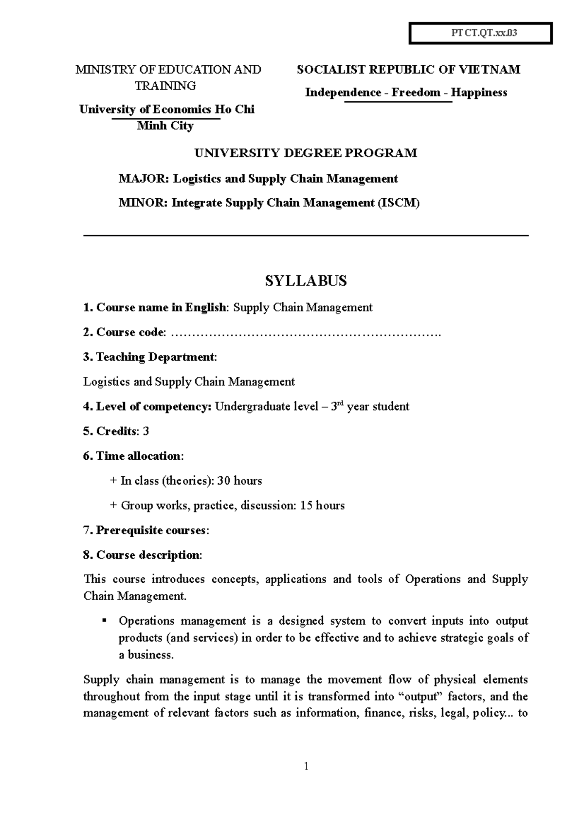 Syllabus Supply Chain Management 2022 MINISTRY OF EDUCATION AND