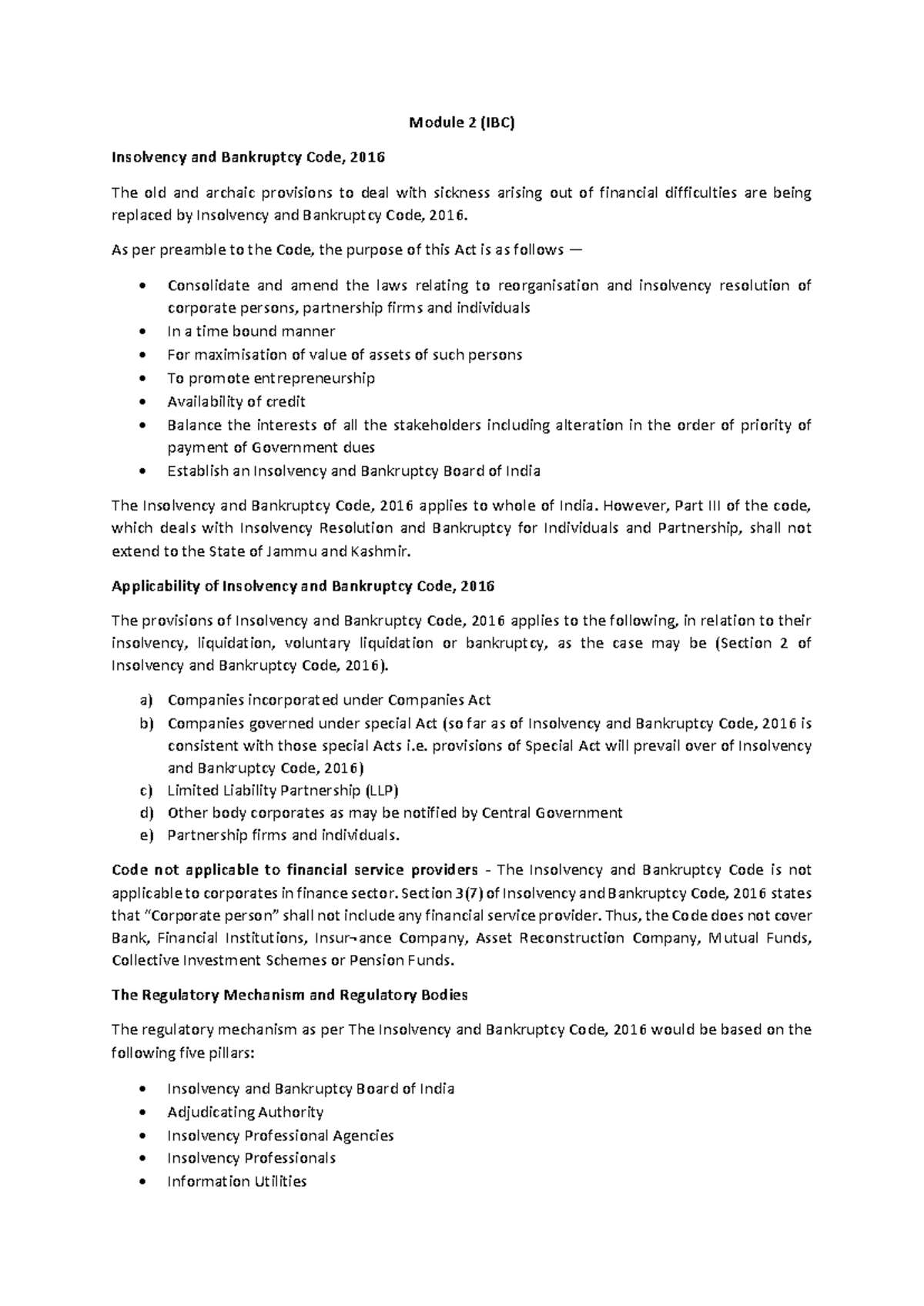 Module 2 - NOTES OF IBC - Module 2 (IBC) Insolvency and Bankruptcy Code ...