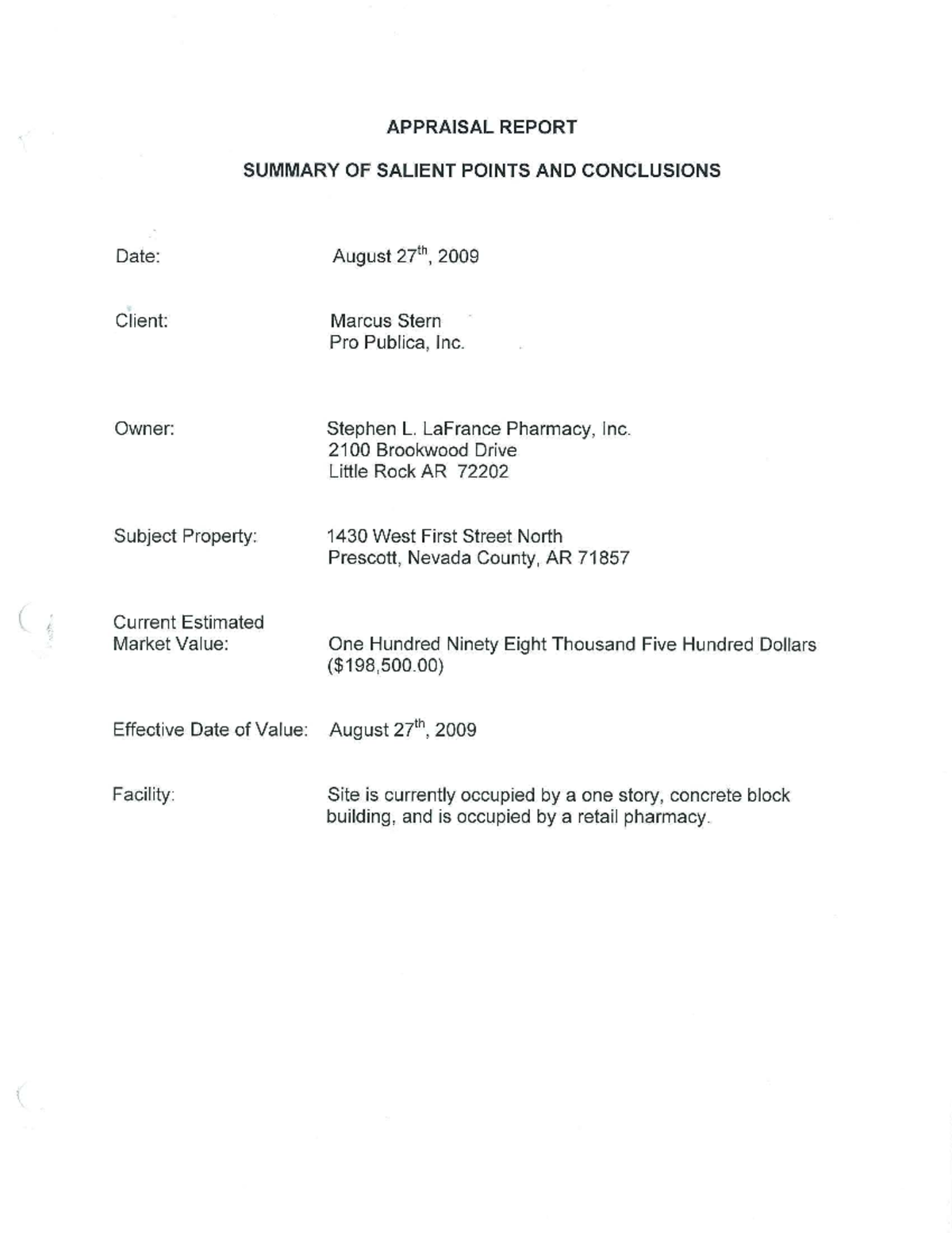 Appraisal report 090827 - APPRAISAL REPORT SUMMARY OF SALIENT POINTS ...
