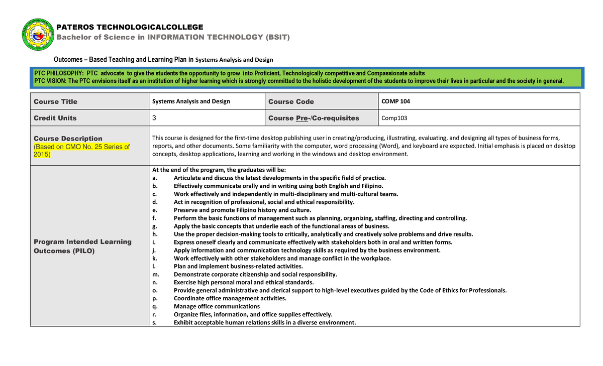 OBTL - System Analysis AND Design - PATEROS TECHNOLOGICALCOLLEGE ...