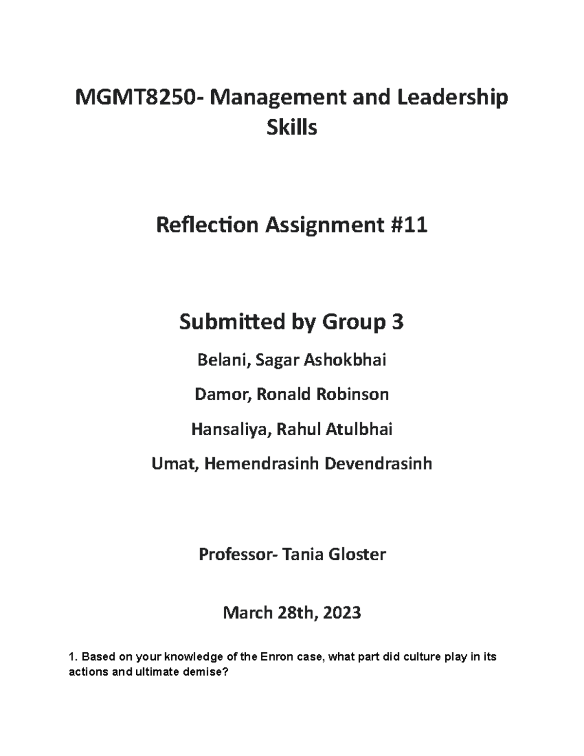 Group 3 Reflection Assignment #11 - MGMT8250- Management and Leadership ...