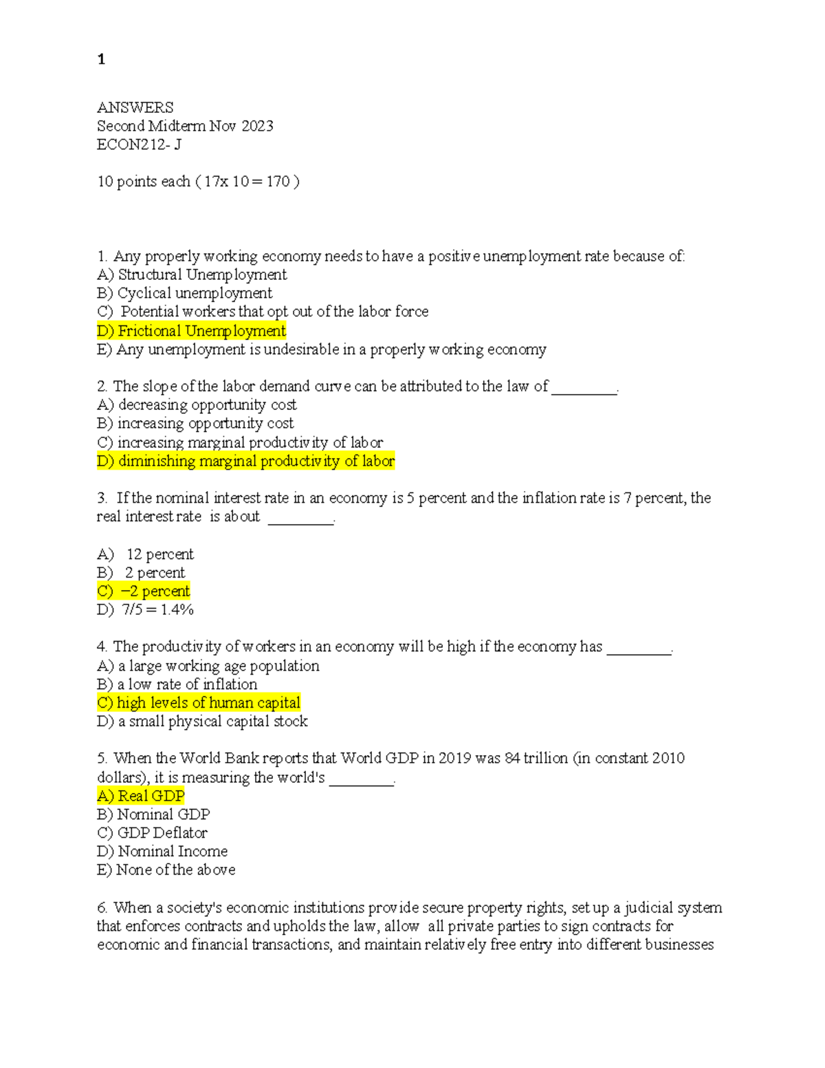 Answers J - Second Midterm Nov 2023 - ANSWERS Second Midterm Nov 2023 ECON212- J 10 points each ...