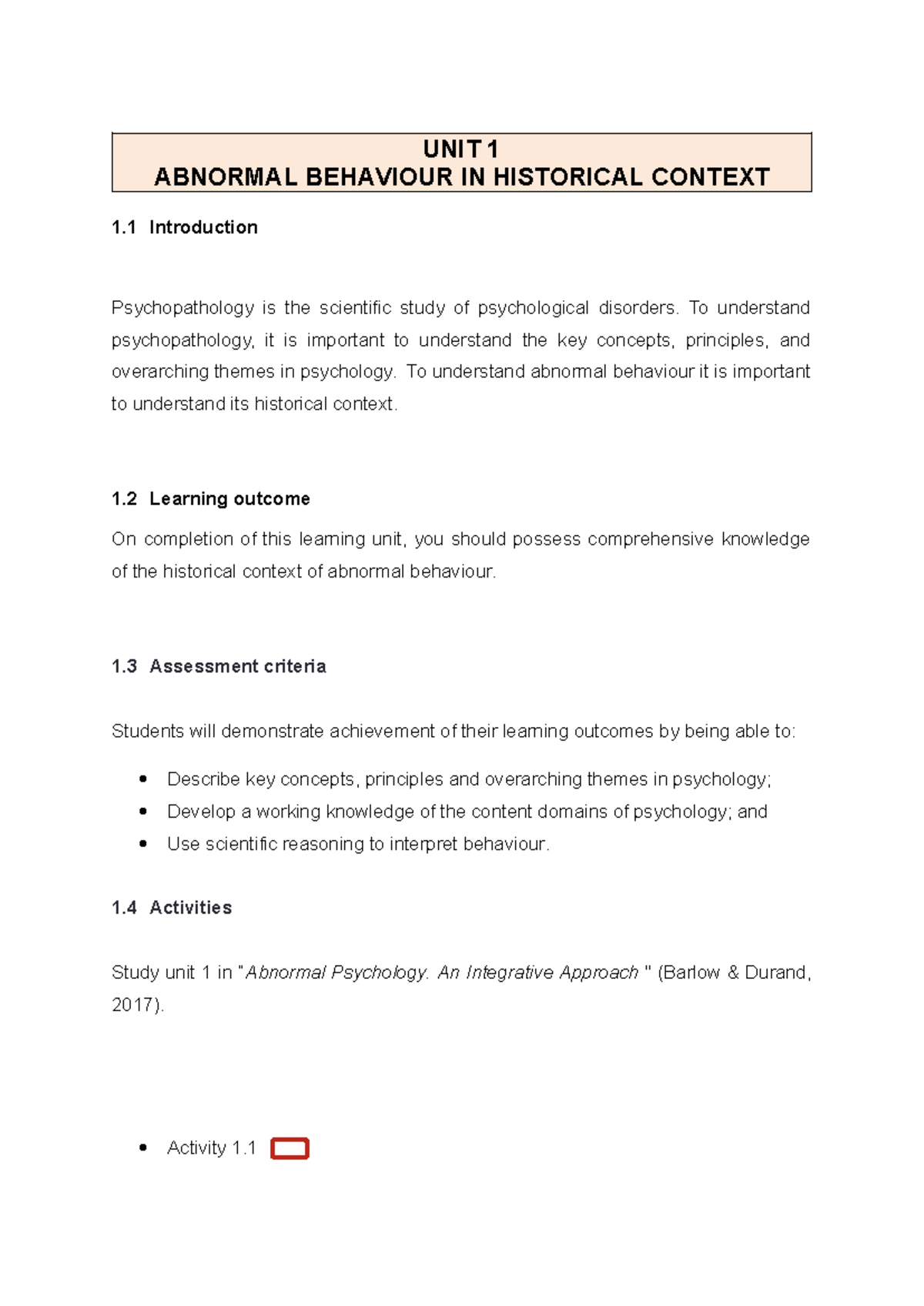 Unit 1 Activity 2024 - this chapter one of abnormal psychology - UNIT 1 ...