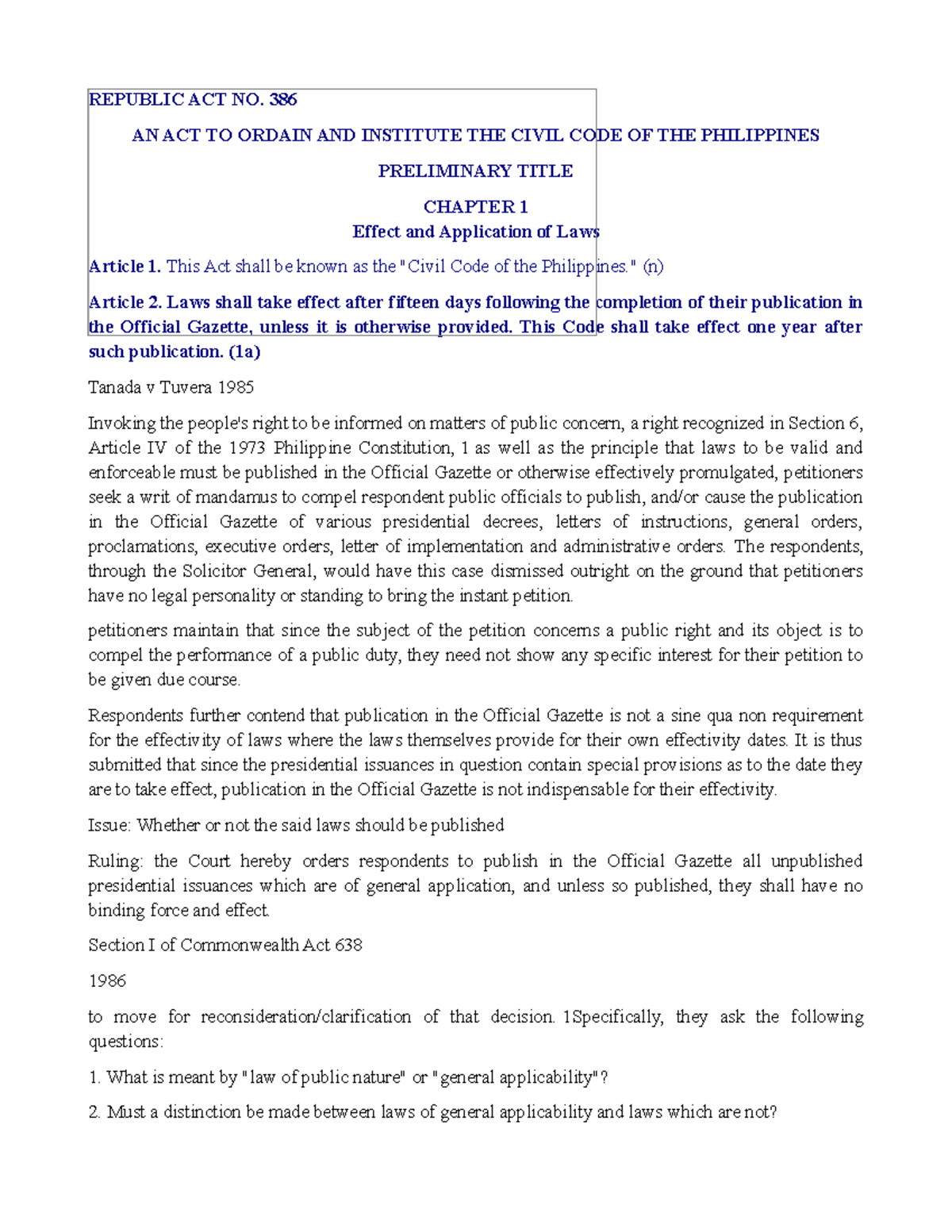 Civ Rev Lecture notes - REPUBLIC ACT NO. 386 AN ACT TO ORDAIN AND ...