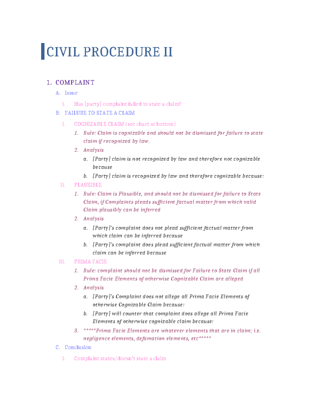 Civil Procedure I Outline - CIVIL PROCEDURE II 1. COMPLAINT A. Issue i ...