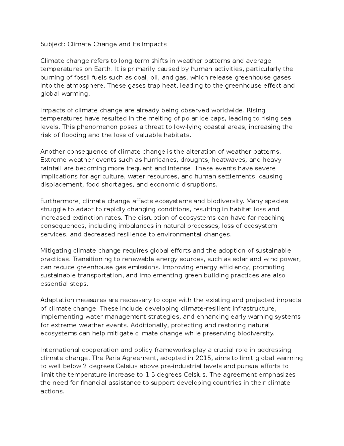 Notes 2 - Subject: Climate Change and Its Impacts Climate change refers ...