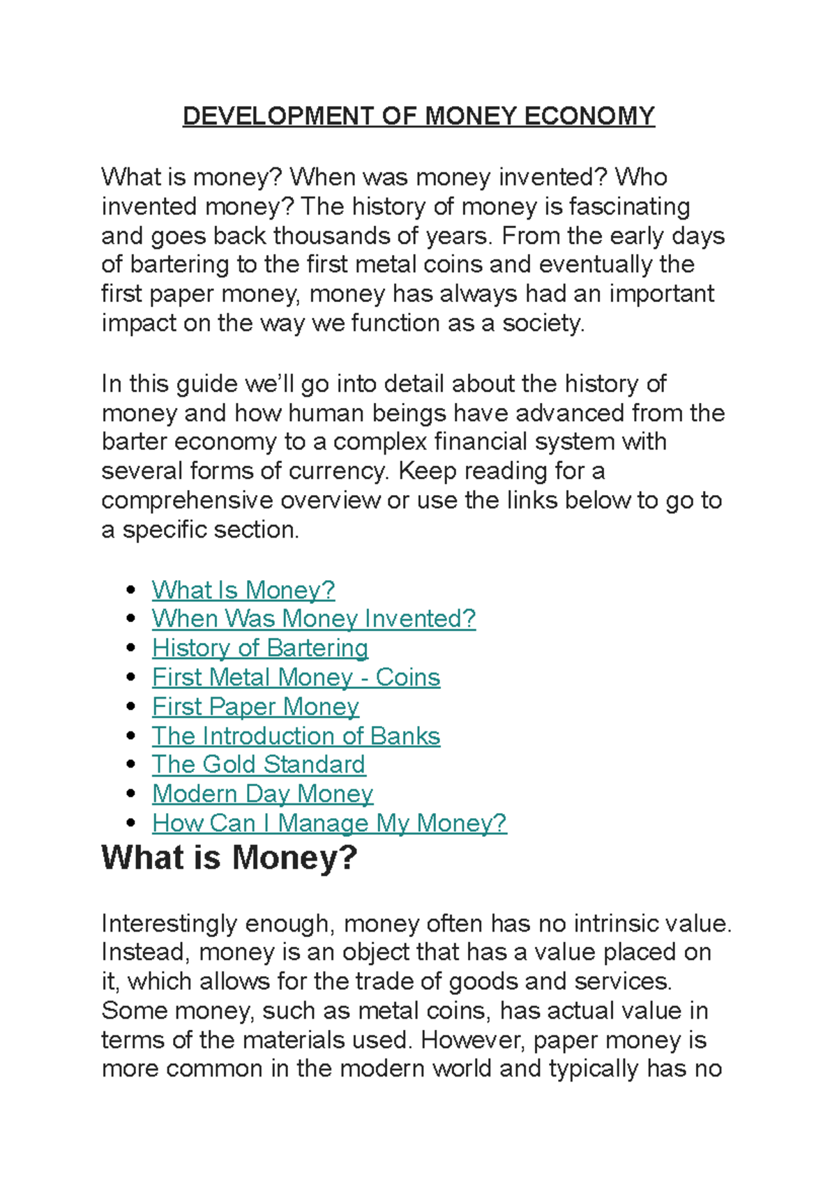 What is money - lesson notes - DEVELOPMENT OF MONEY ECONOMY What is ...