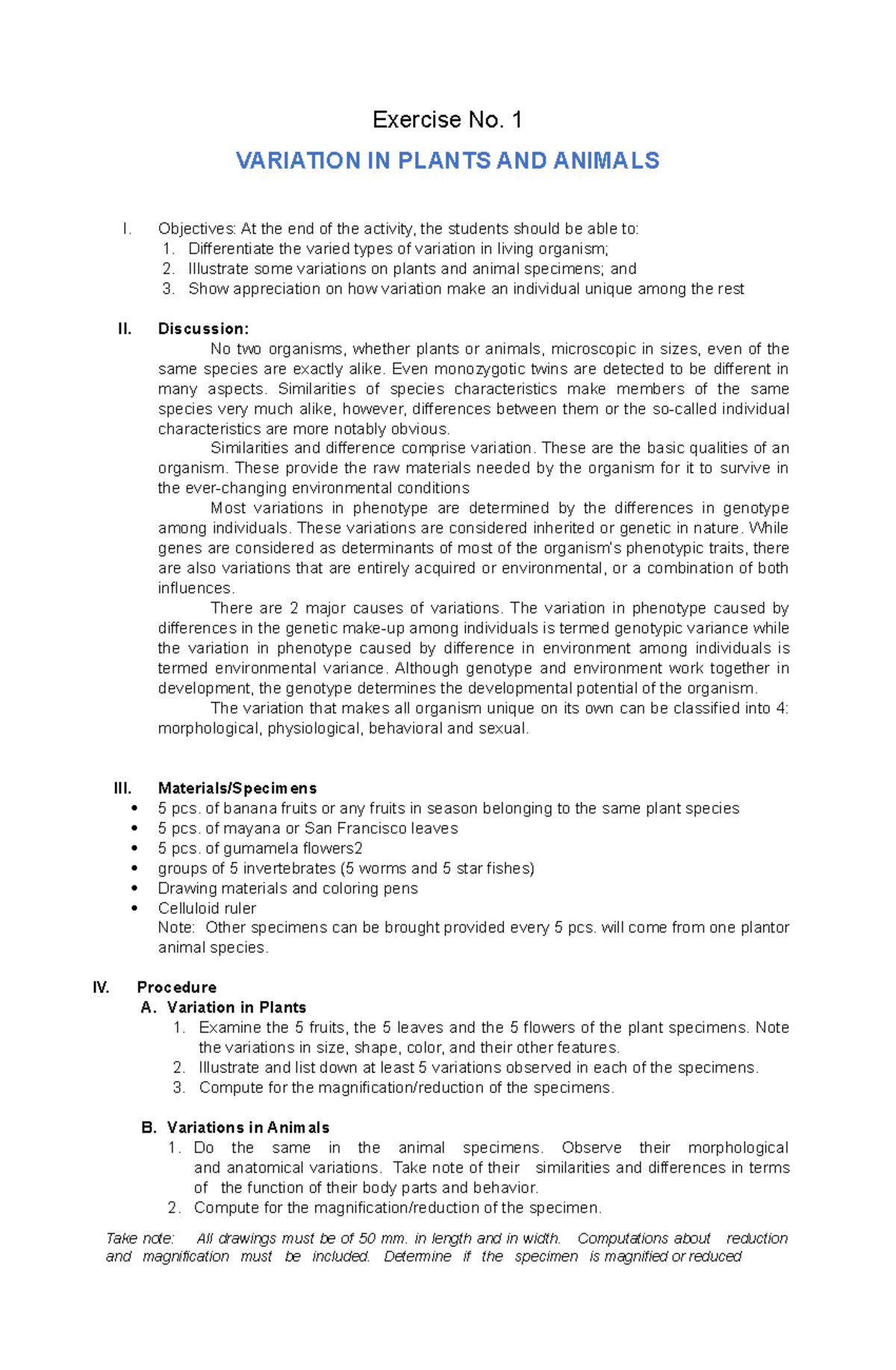 Exercise No 1 - Variation of Plants and Animals - Exercise No. 1 ...