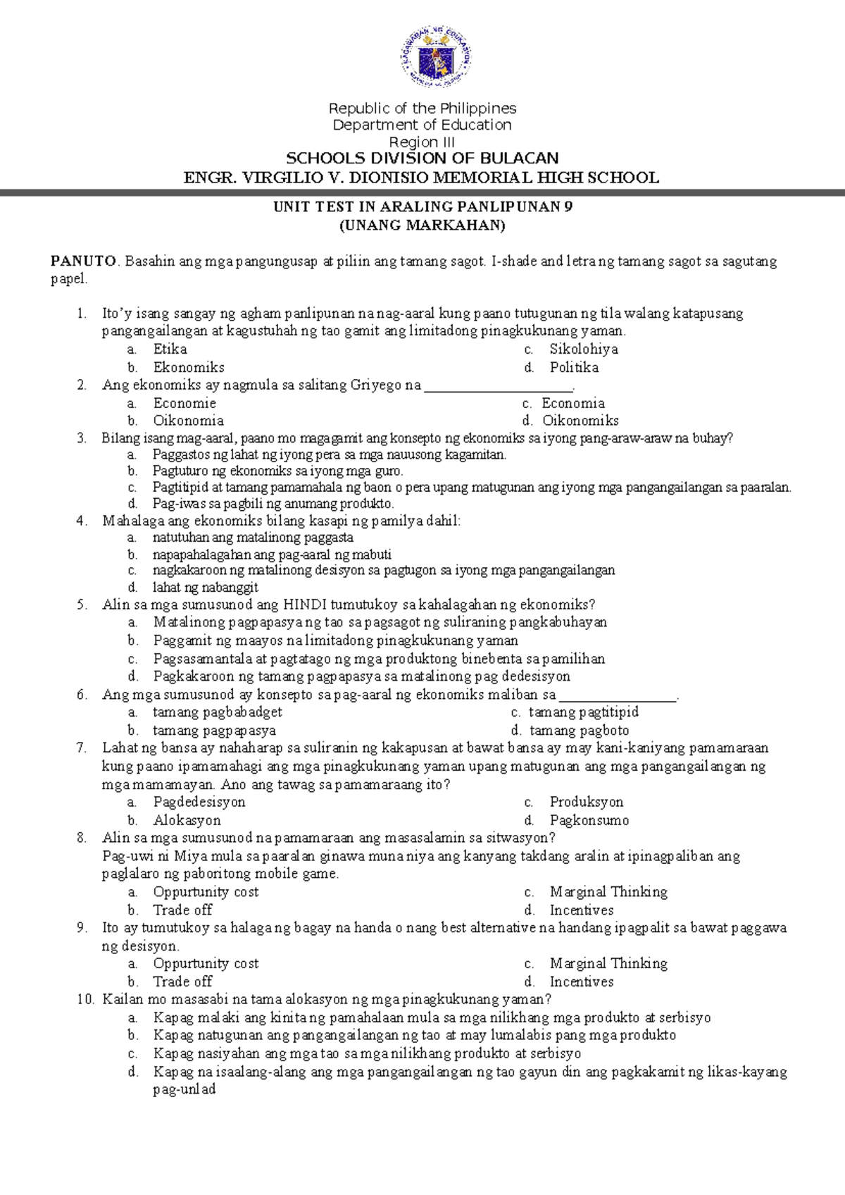 AP 9 1ST Quarter EXAM - Republic of the Philippines Department of ...