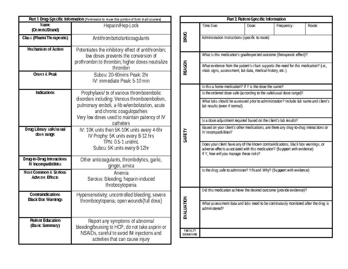 Heparin - Part 2 Patient-Specific Information DRUG Time Due: Dose ...