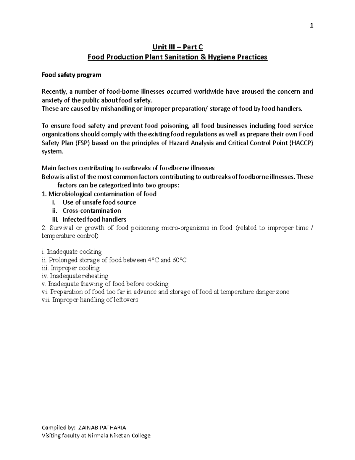 Food production plant sanitation and hygiene practices - 1 Unit III ...