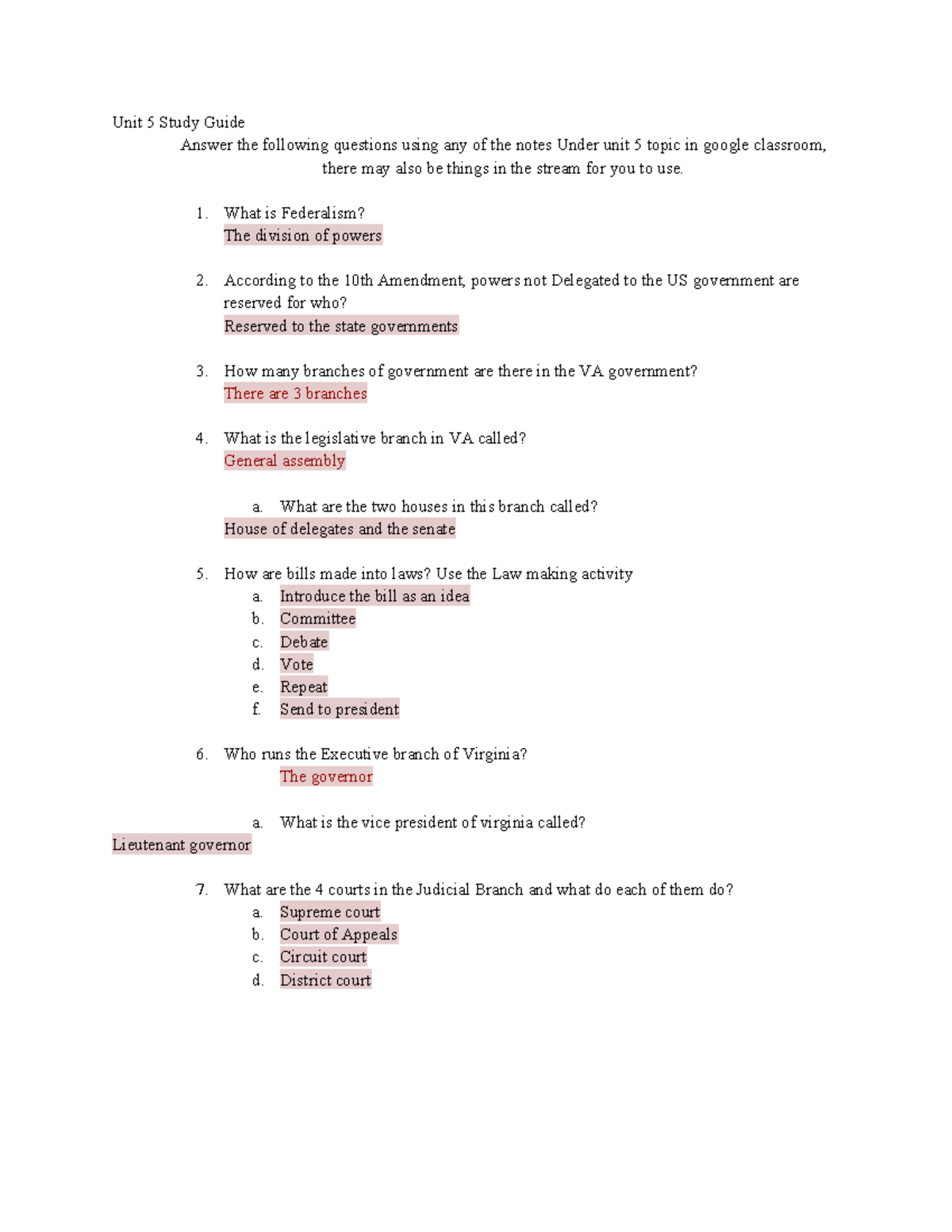 Simple Study Guide - Unit 5 Study Guide Answer the following questions ...