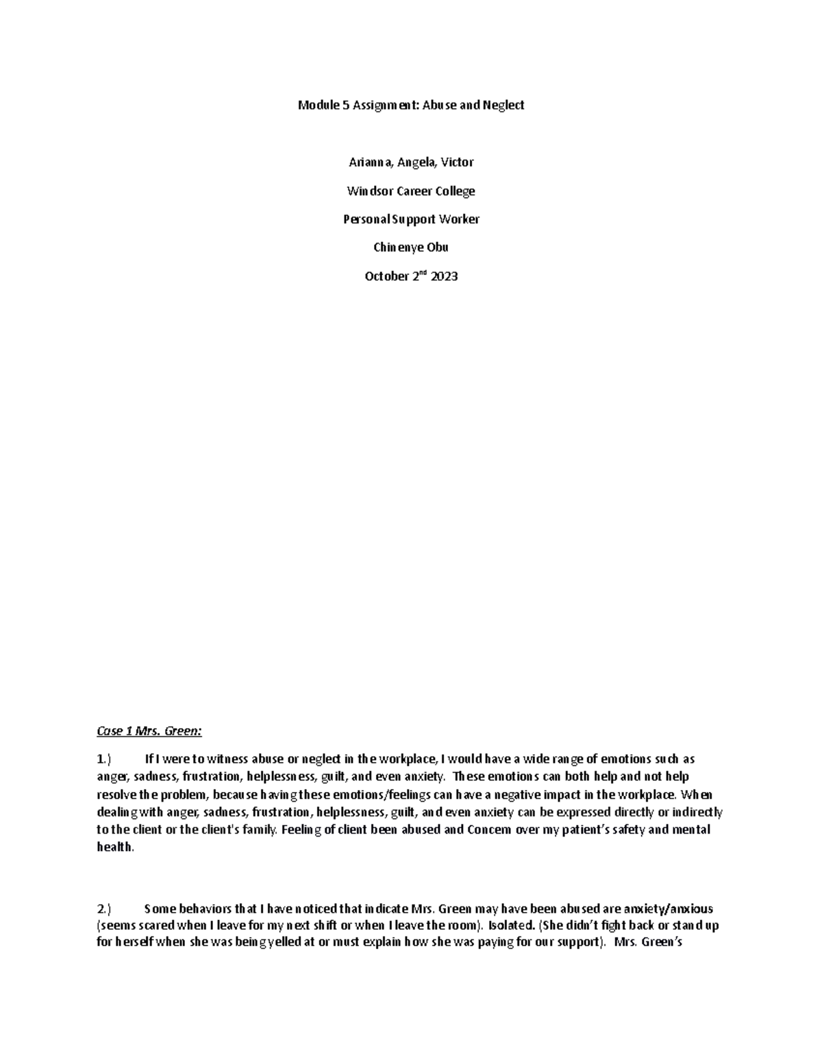 Module 5 Assignment Abuse and Neglect - Module 5 Assignment: Abuse and Neglect Arianna, Angela ...