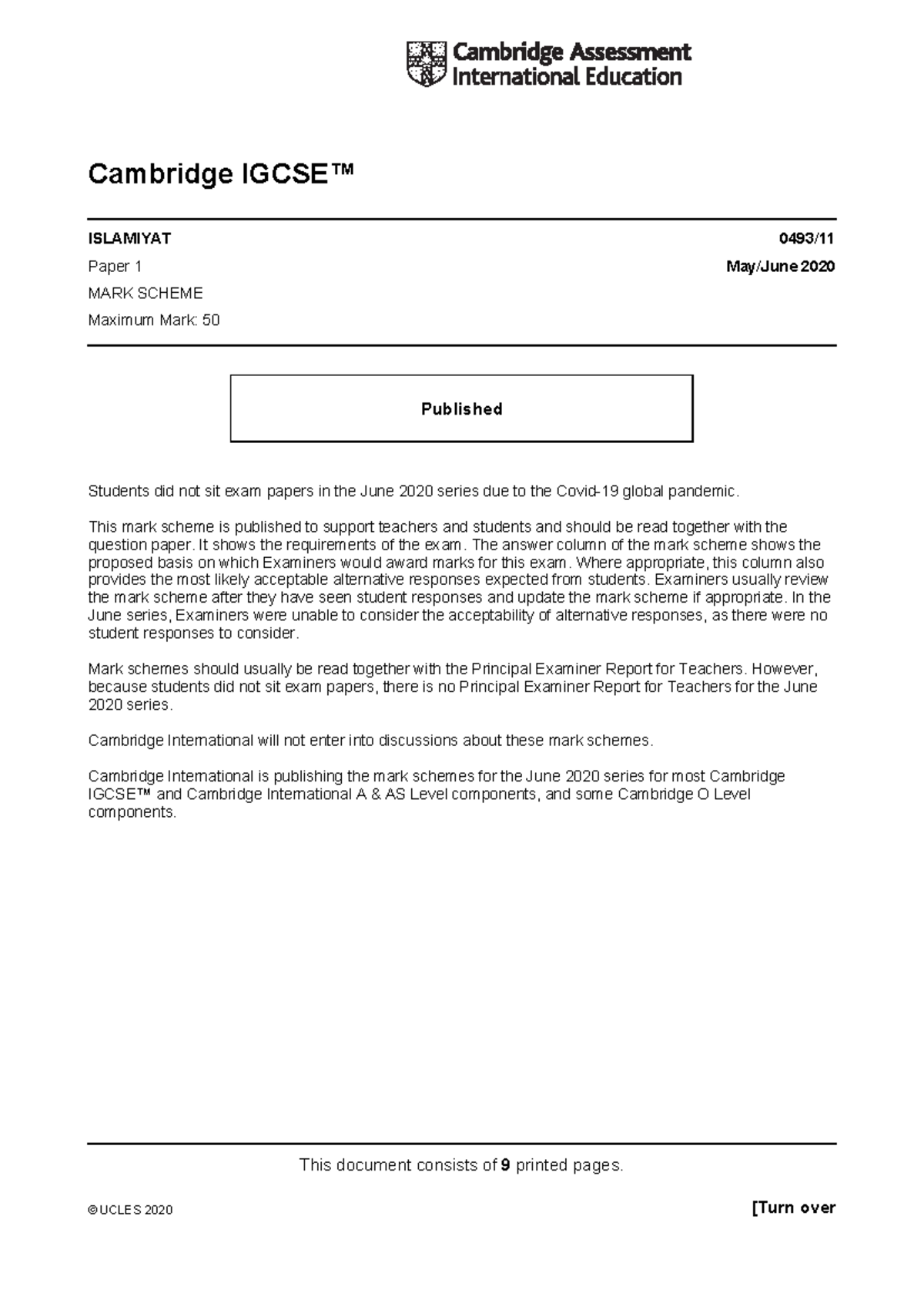 0493 s20 ms 11 islamiat notes of past paper of year 2020 paper 1 ...
