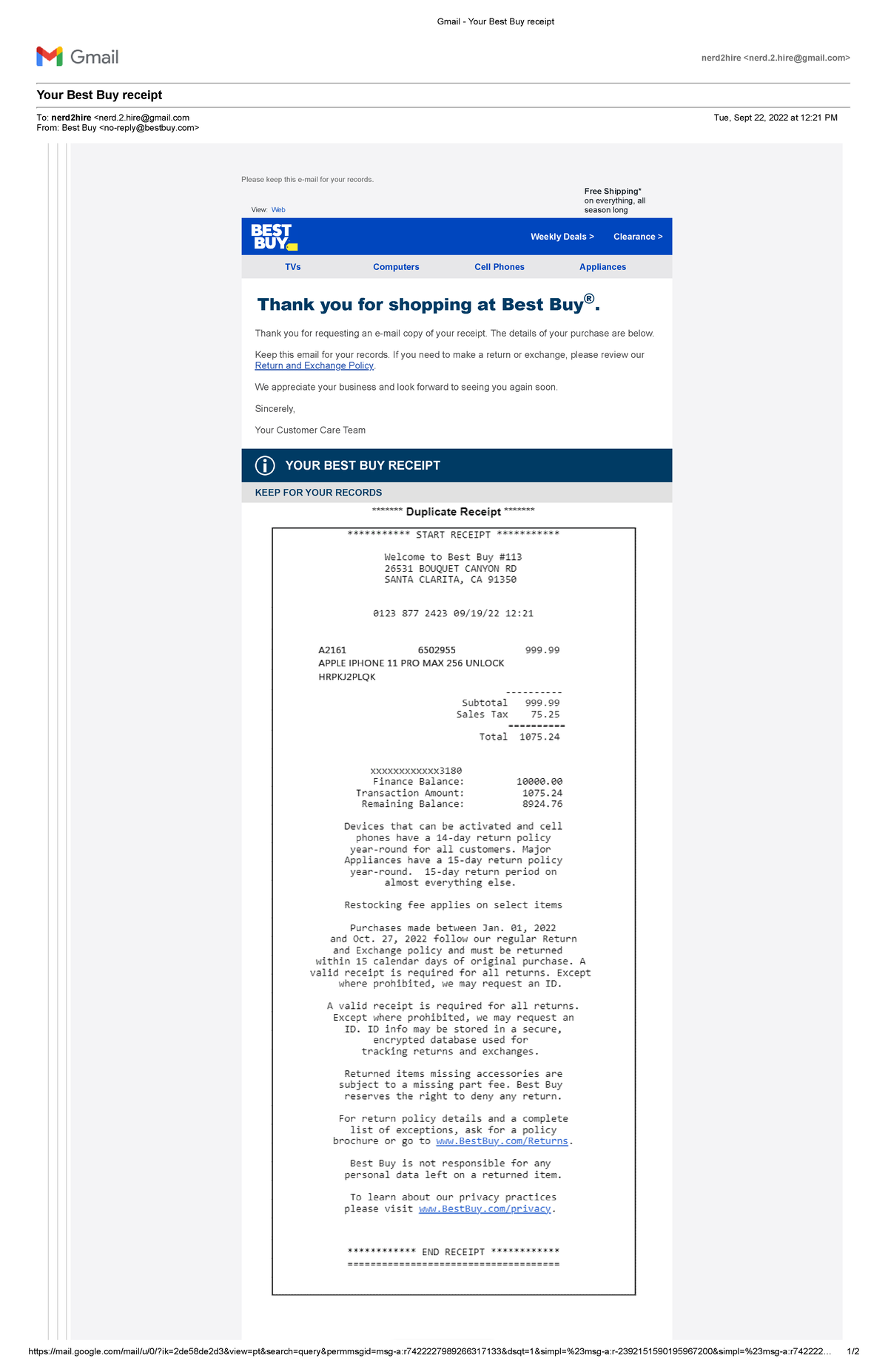 Iphone 11R PRO MAX Reciept - Gmail - Your Best Buy receipt - Studocu