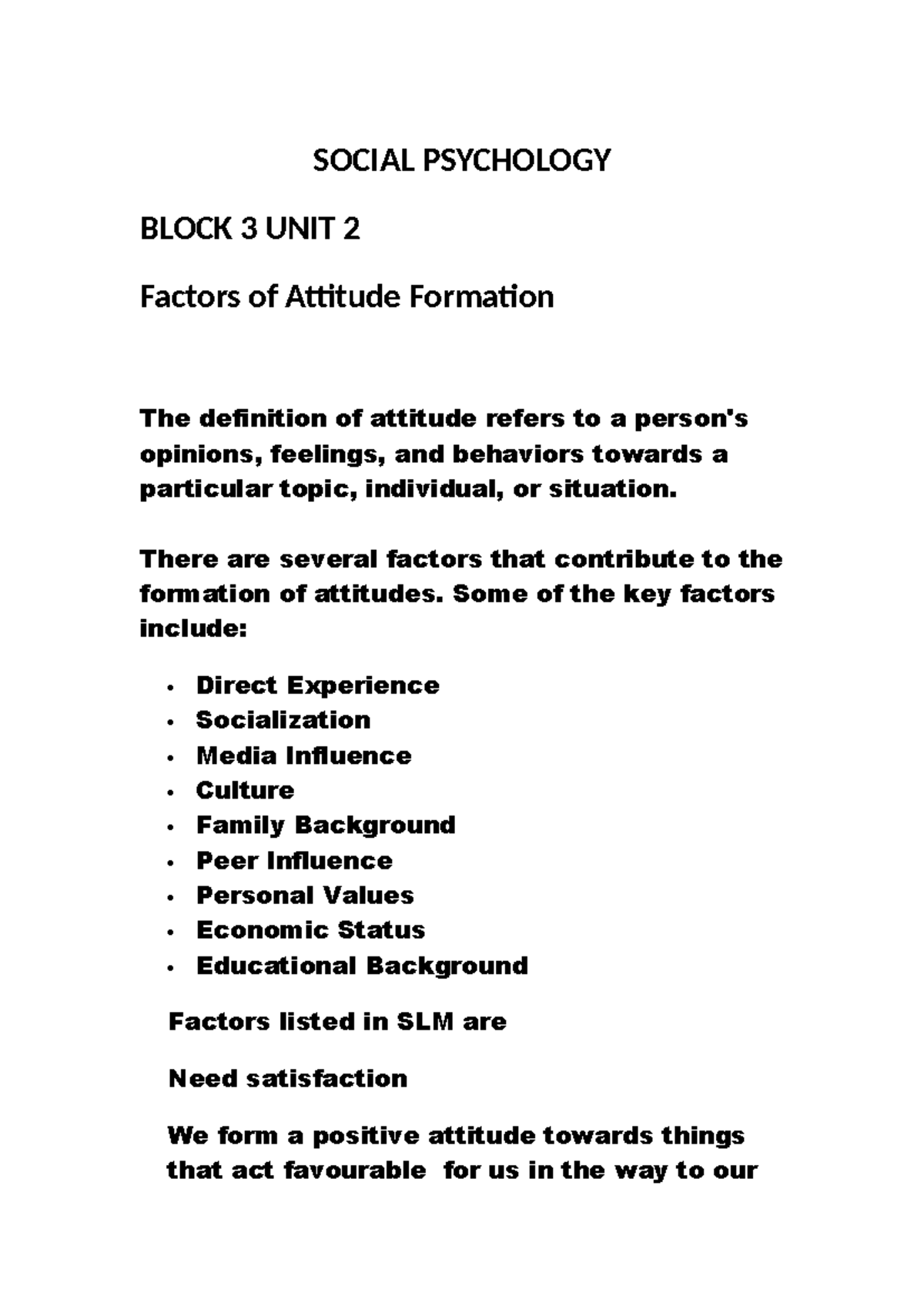 Social Psychology Block 3 - SOCIAL PSYCHOLOGY BLOCK 3 UNIT 2 Factors of ...