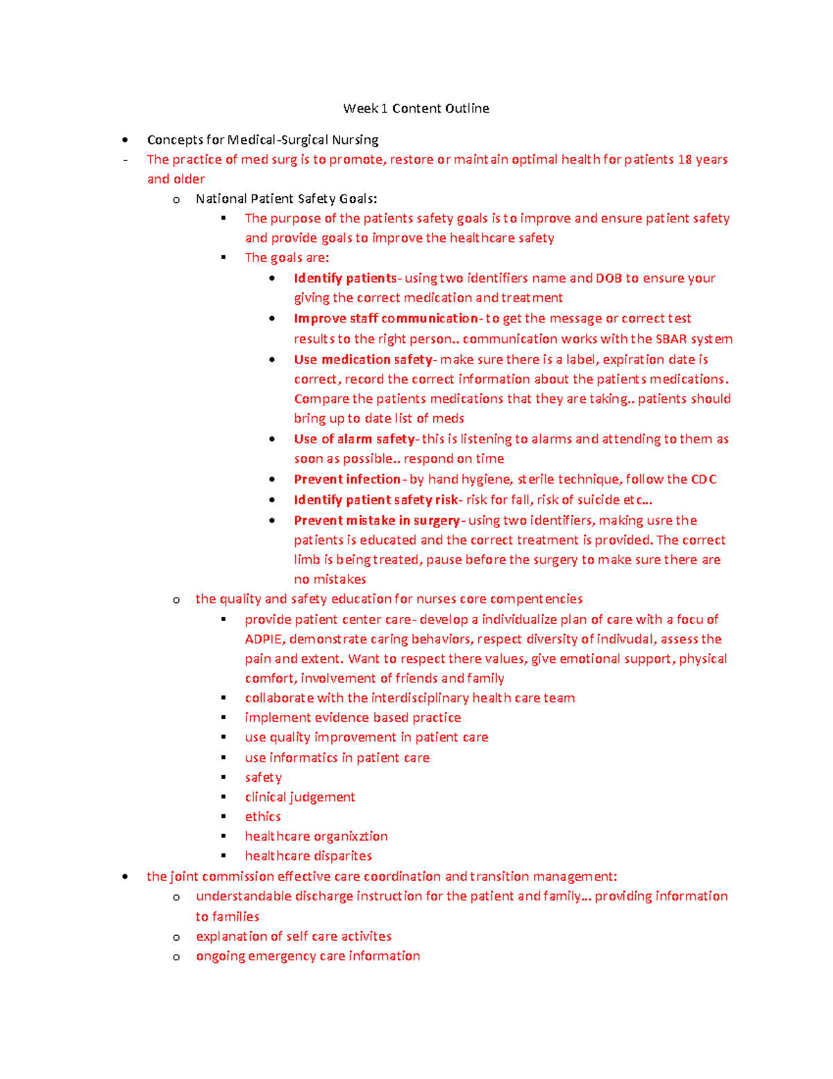 Week 1 Content Outline (1) study guide - Week 1 Content Outline Concepts for Medical-Surgical ...