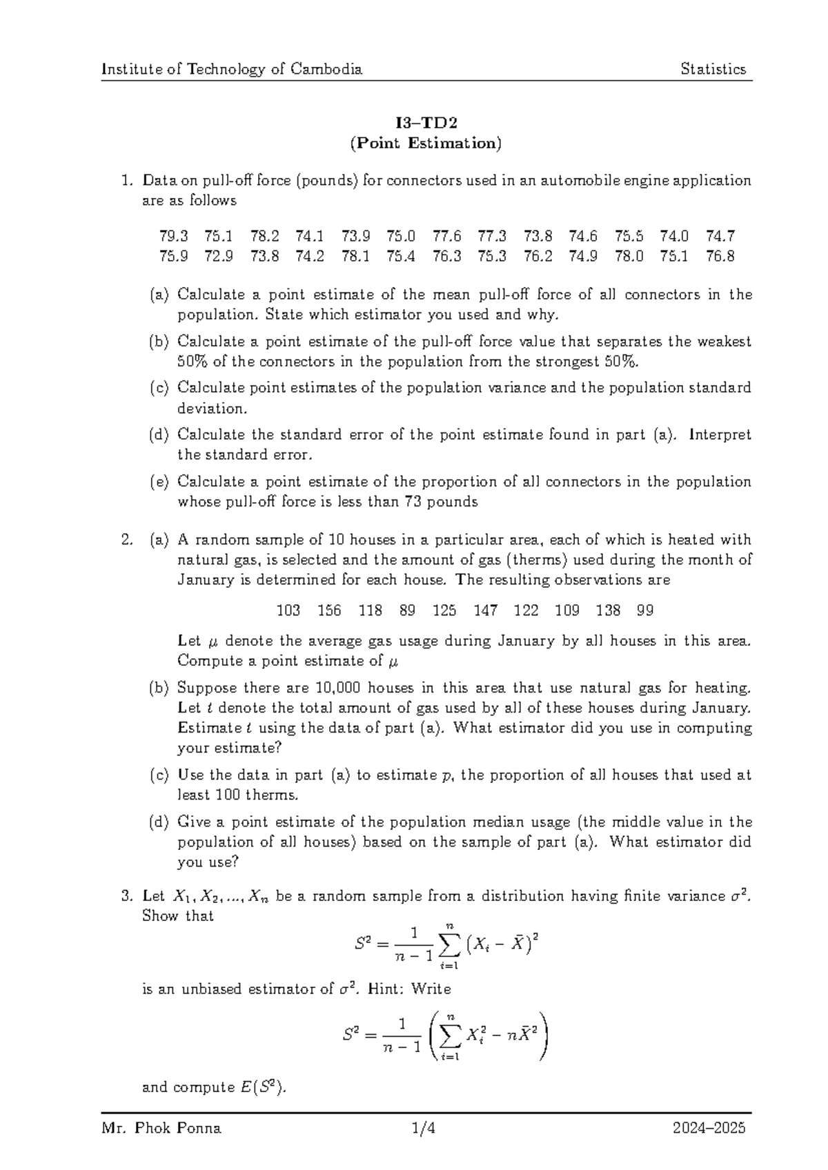 TD2 - exercise for practice - I3–TD (Point Estimation) Data on pull-off ...