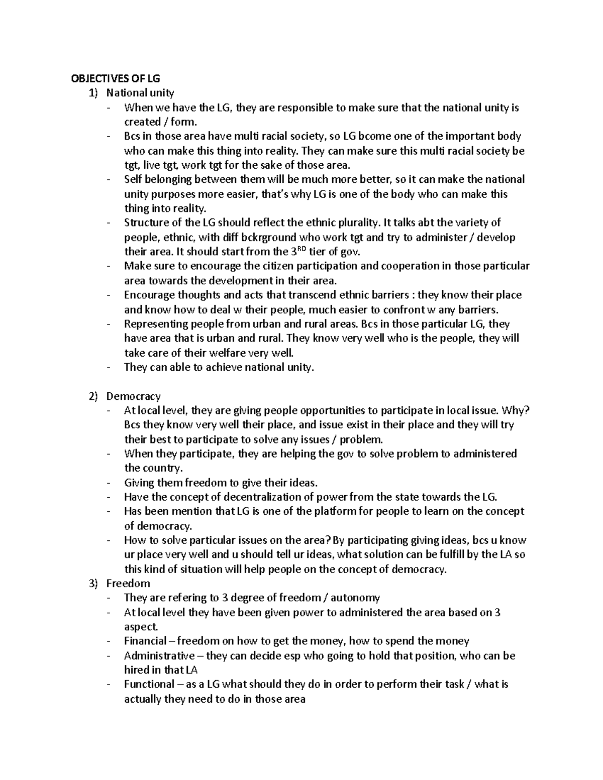 Notes CHAP 1 PAD320 - OBJECTIVES OF LG National unity When we have the ...