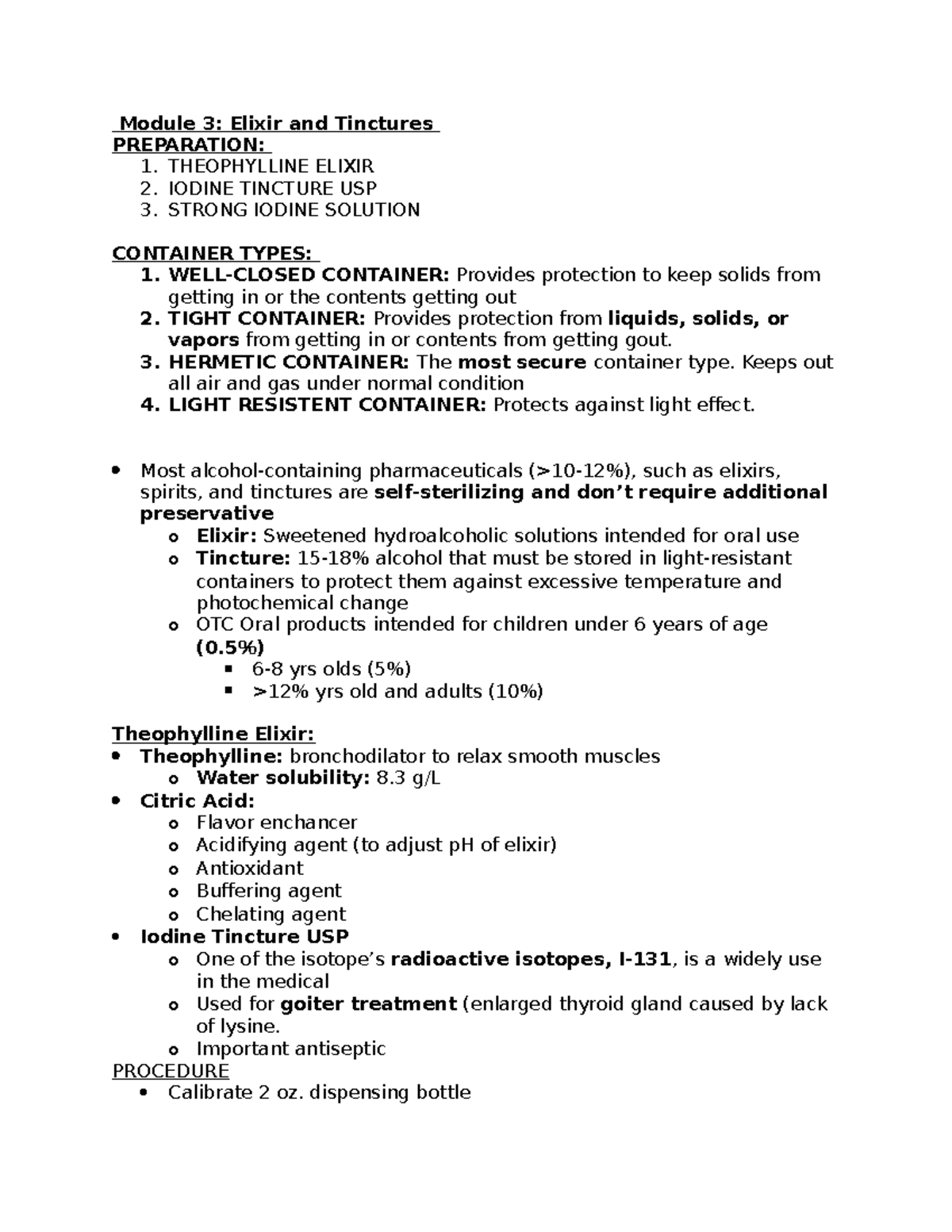 Pharmaceutics Quiz 2 Notes - Module 3: Elixir and Tinctures PREPARATION ...