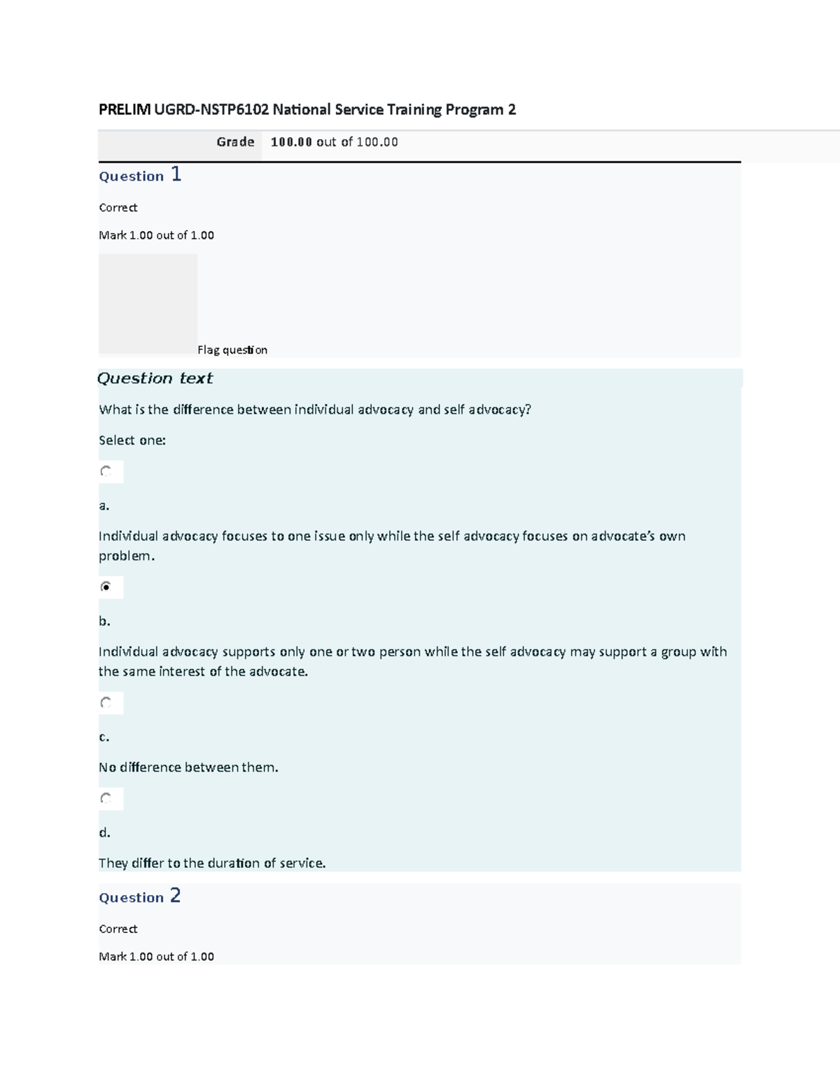 Prelim UGRD-NSTP6102 National Service Training Program 2 - Question Correct 1 Mark 1 out of 1 ...