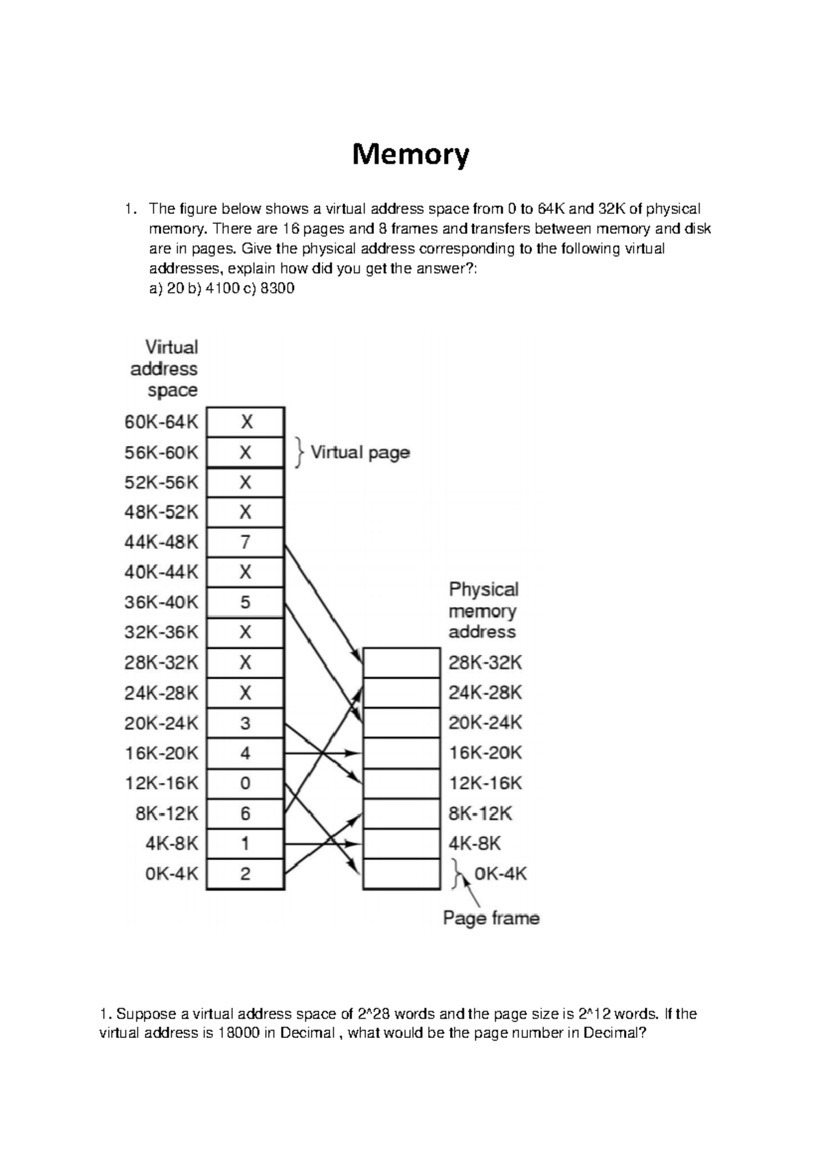 LAB3.3-Virtual memory soft - Memory 1. The figure below shows a virtual address space from 0 to ...