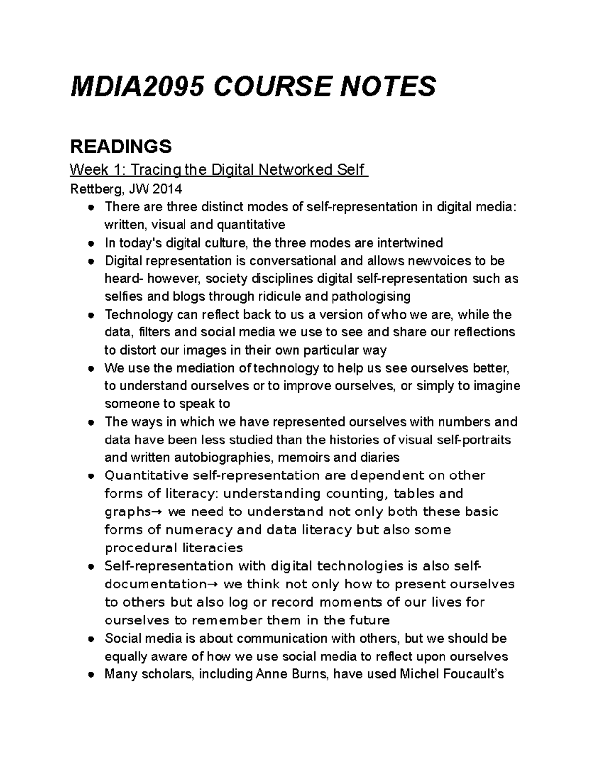 MDIA2095 Course Notes - MDIA2095 COURSE NOTES READINGS Week 1: Tracing ...