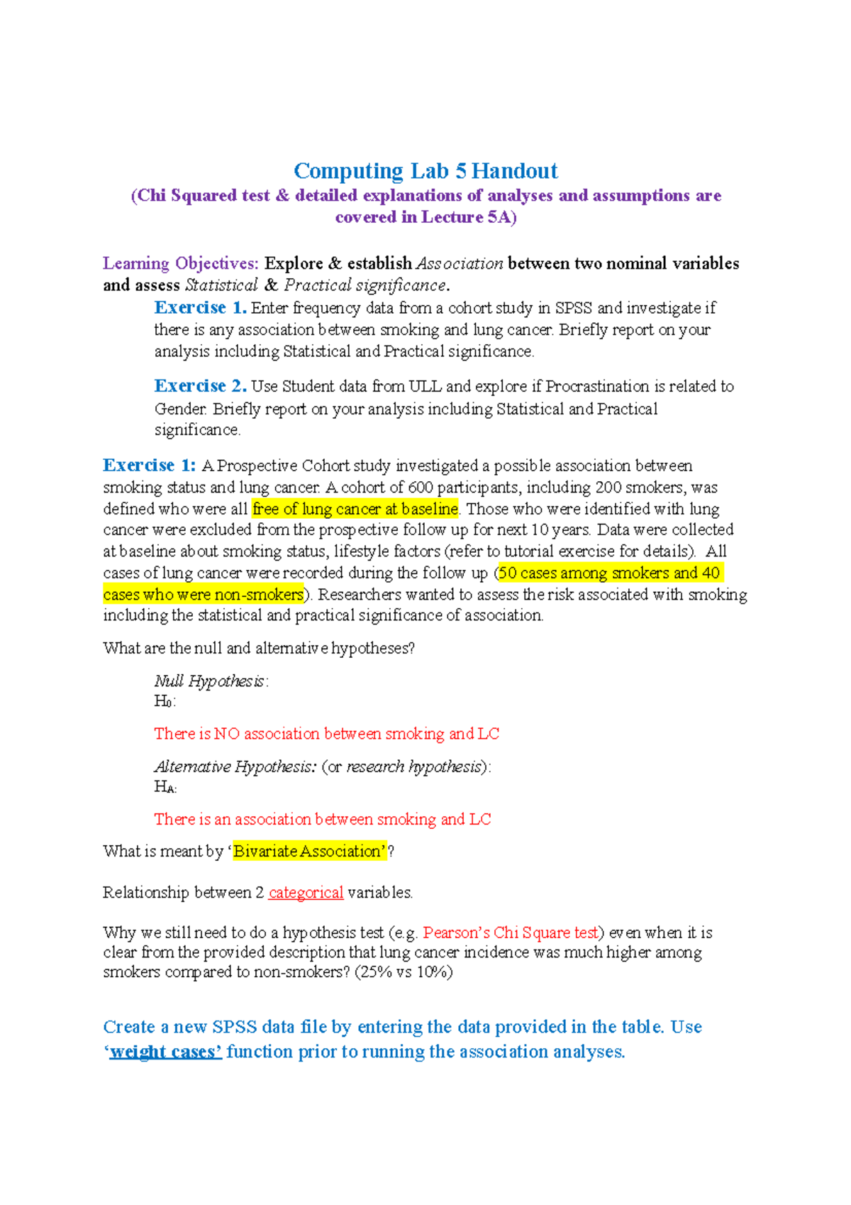 Biostatistics and Epidemiology Computing Lab 5 Handout - Computing Lab 5 Handout (Chi Squared ...