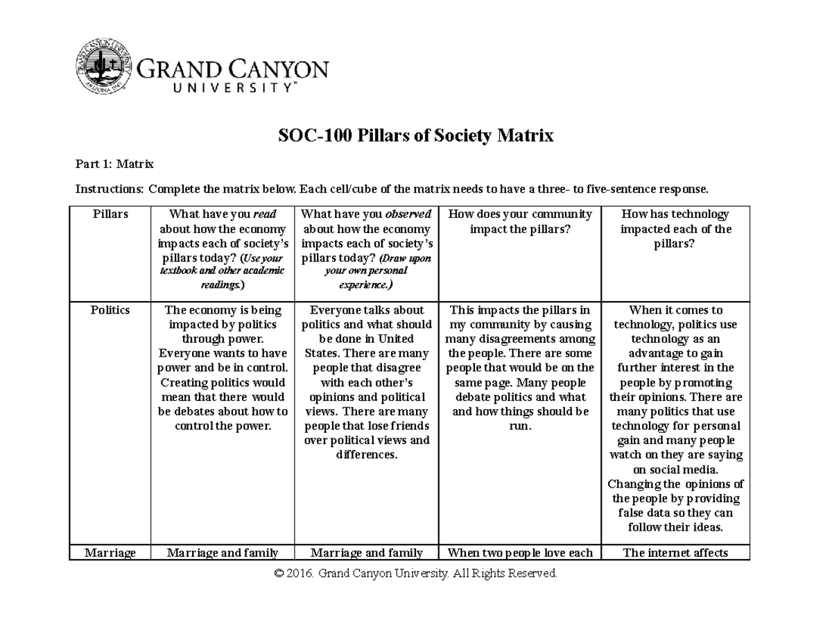 SOC-100 Pillars of Society Matrix - Each cell/cube of the matrix needs ...