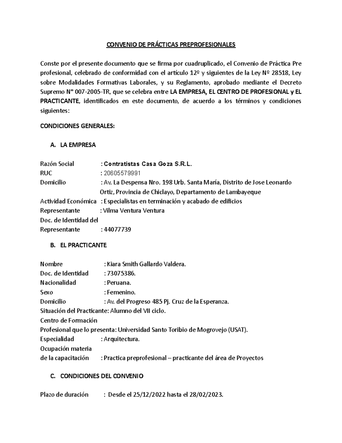 Convenio de practicas preprofesionales vf - CONVENIO DE PRÁCTICAS ...