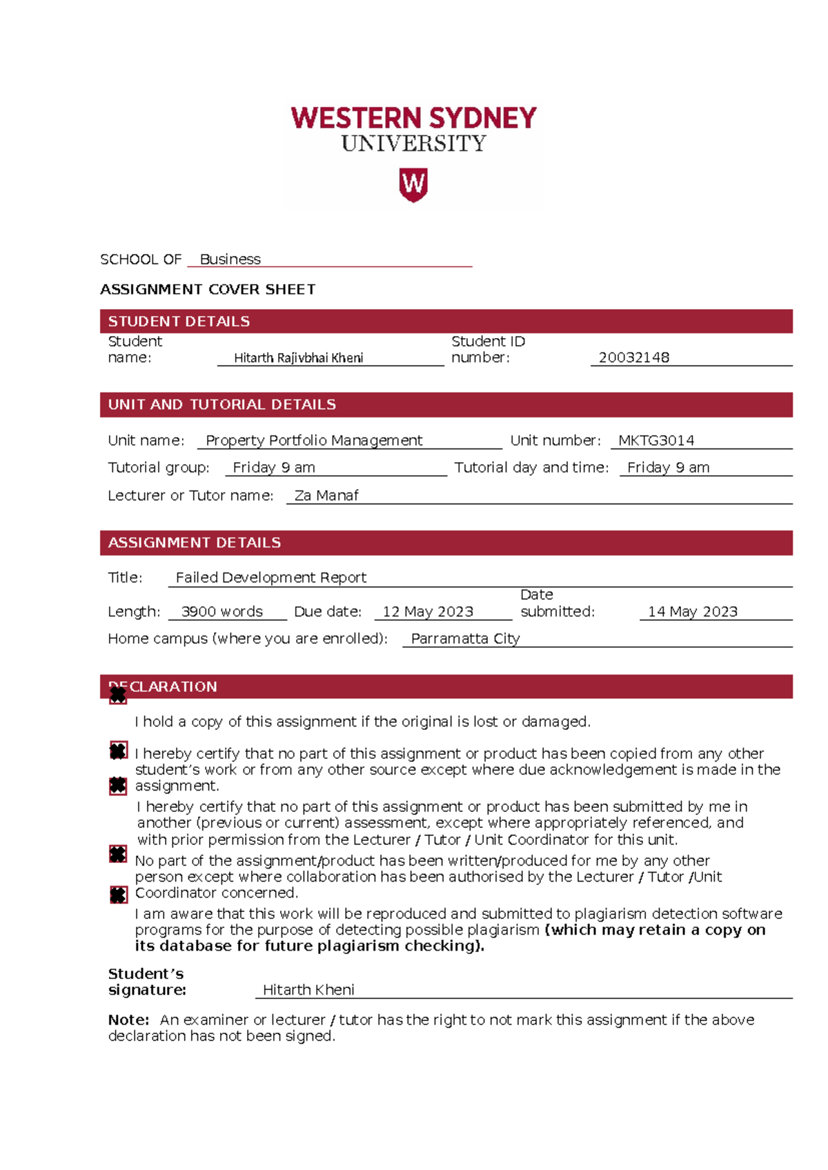 Failed Development report - SCHOOL OF Business ASSIGNMENT COVER SHEET ...