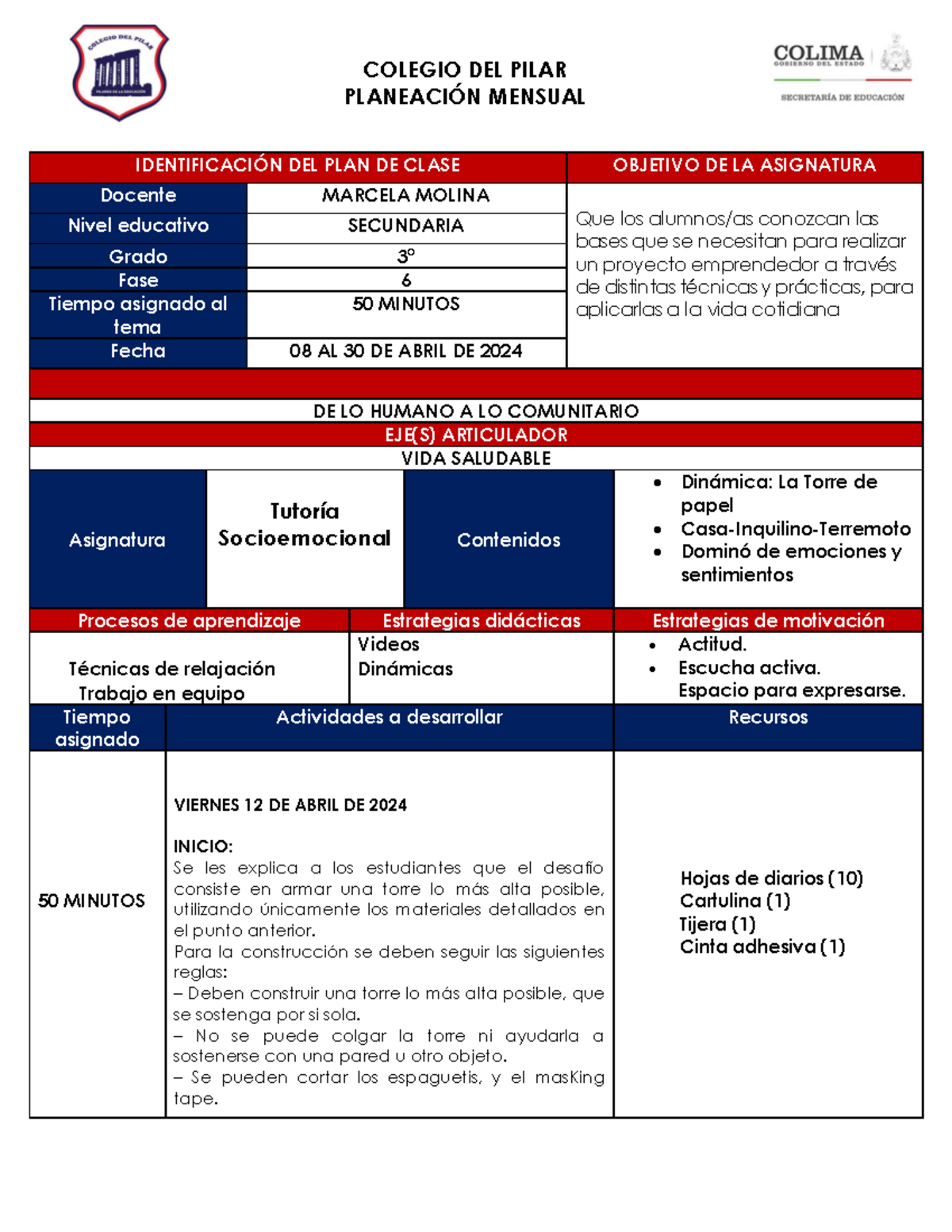 3° Abriltutoria Socioemocional - PLANEACIÓN MENSUAL IDENTIFICACIÓN DEL ...