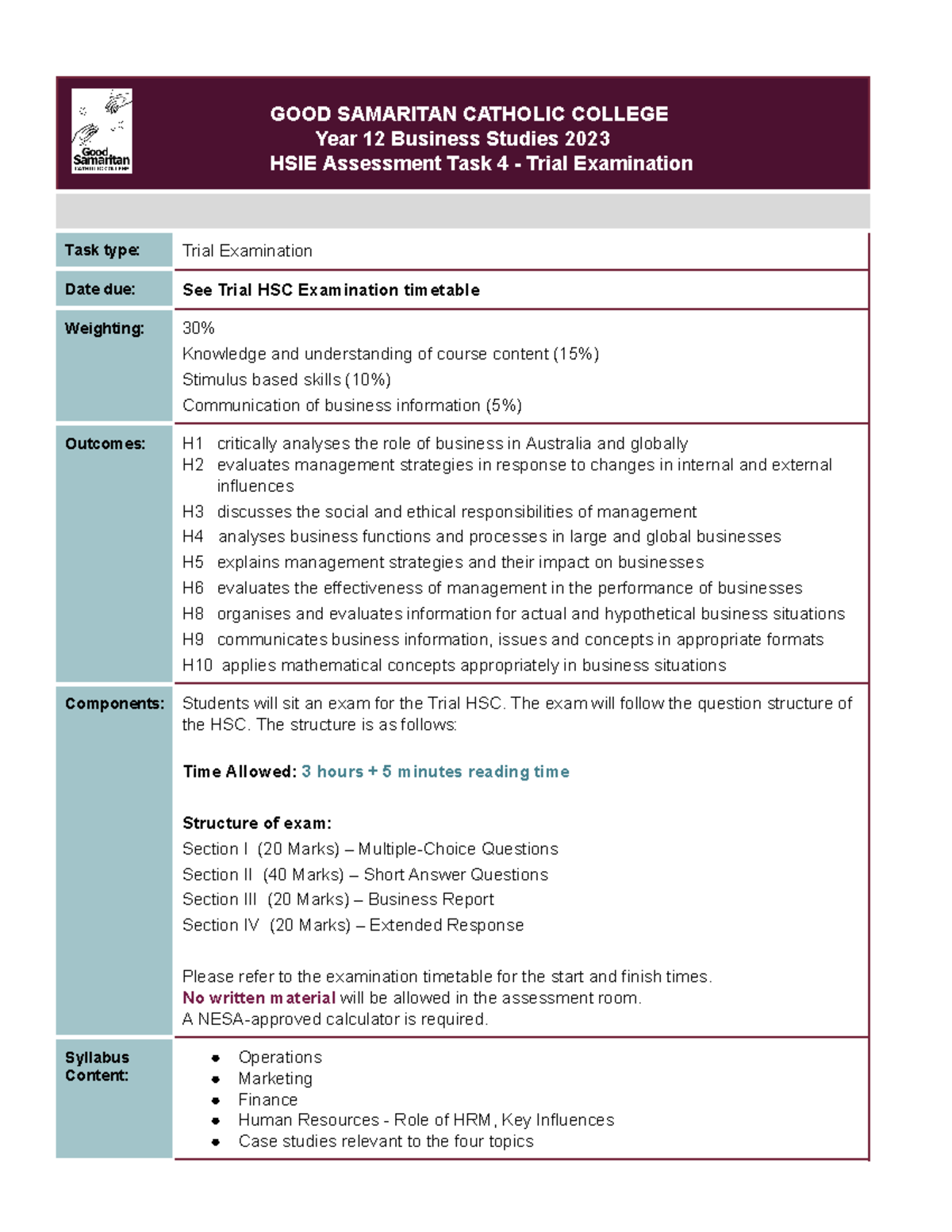2023 Trial HSC Business Studies Notification.docx - GOOD SAMARITAN ...