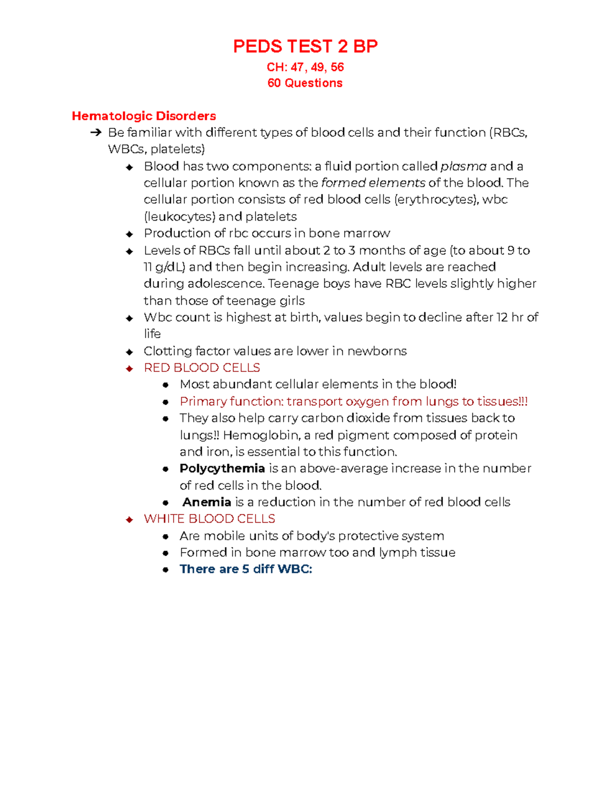 PEDS TEST 2 BP-1 - ccdddd - Hematologic Disorders Be familiar with ...