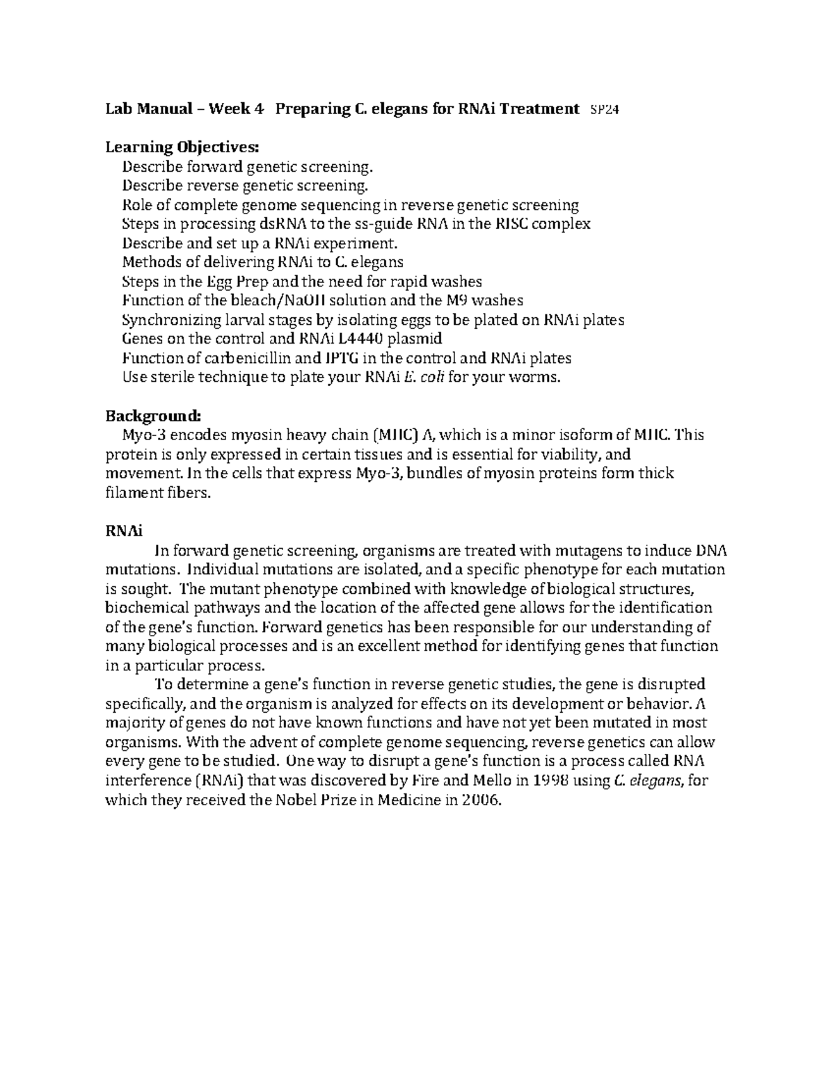 Week 4.RNAi - Week 4 - Lab Manual – Week 4 Preparing C. elegans for RNAi Treatment SP Learning ...