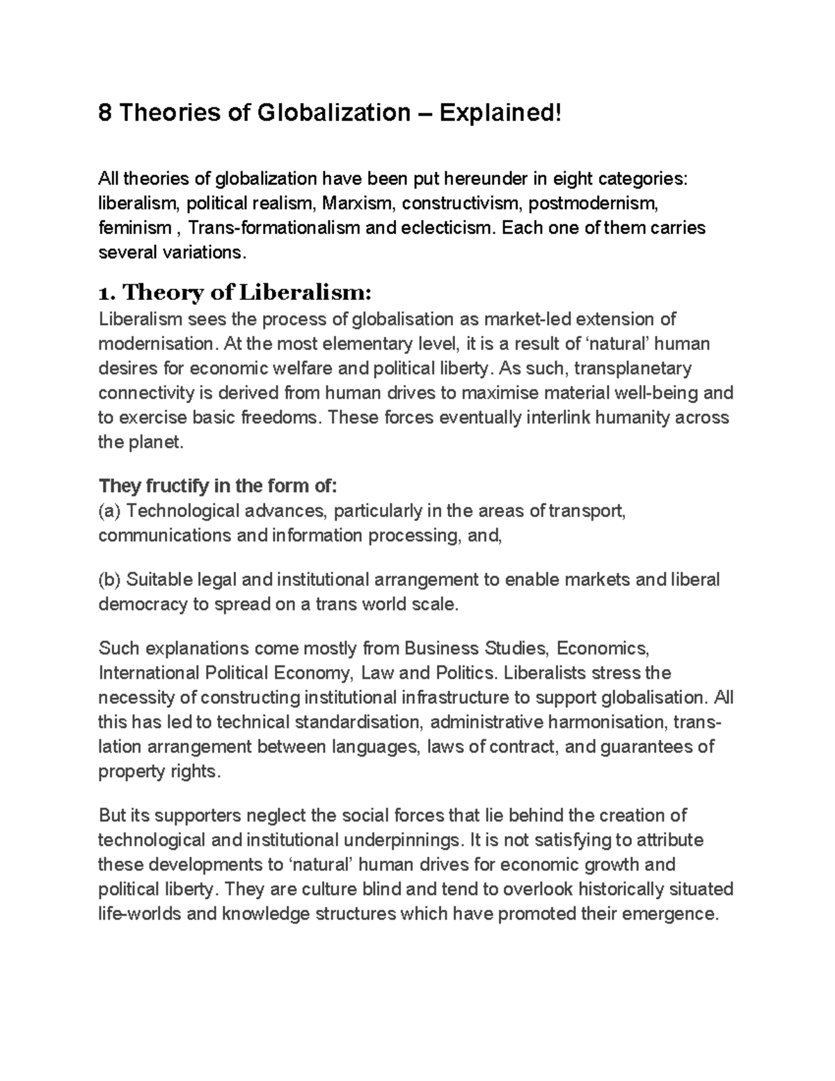 8 Theories of Globalization - Each one of them carries several variations. 1. Theory of ...