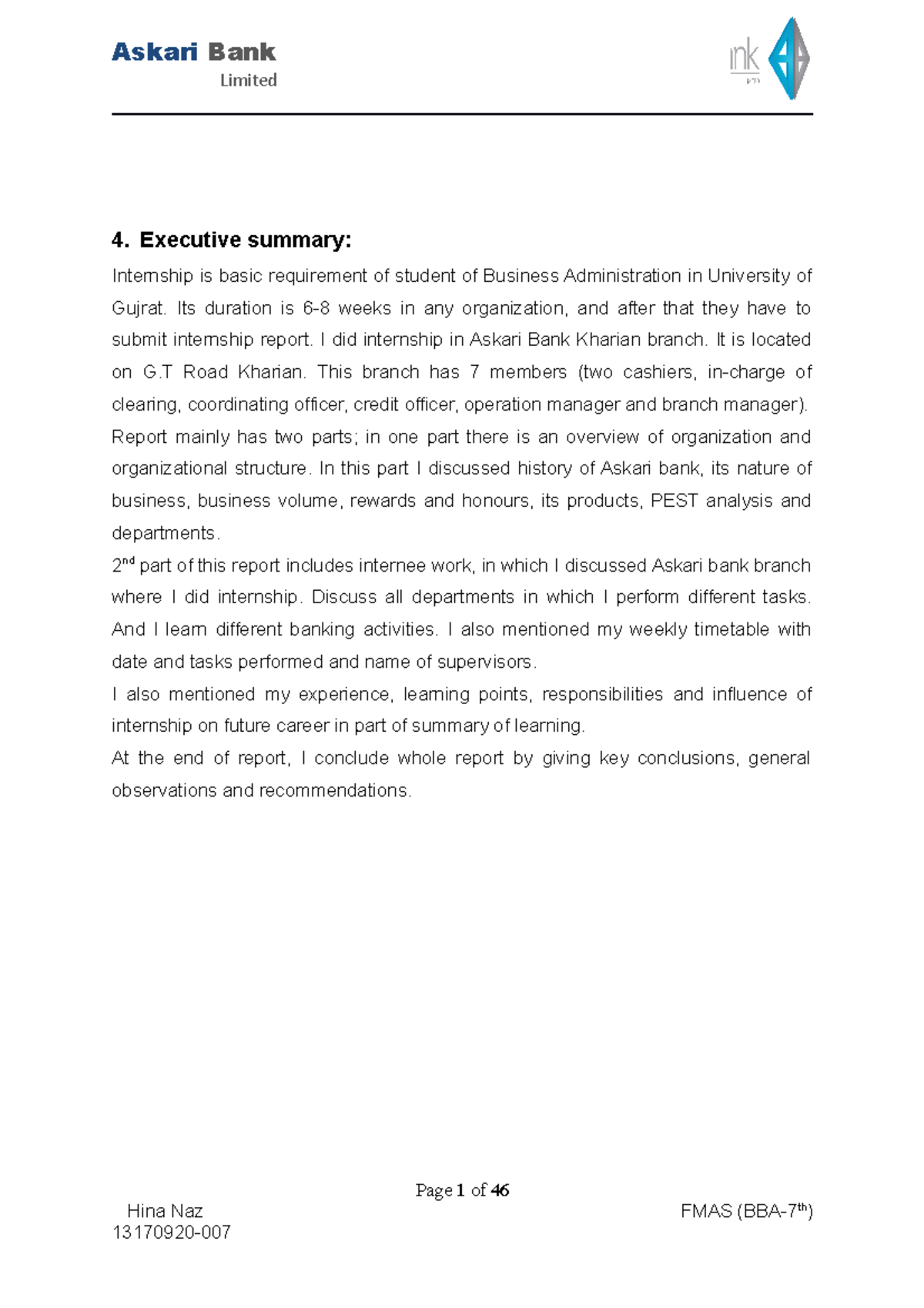 13170920-007 - intership report BOP - Limited 4. Executive summary ...