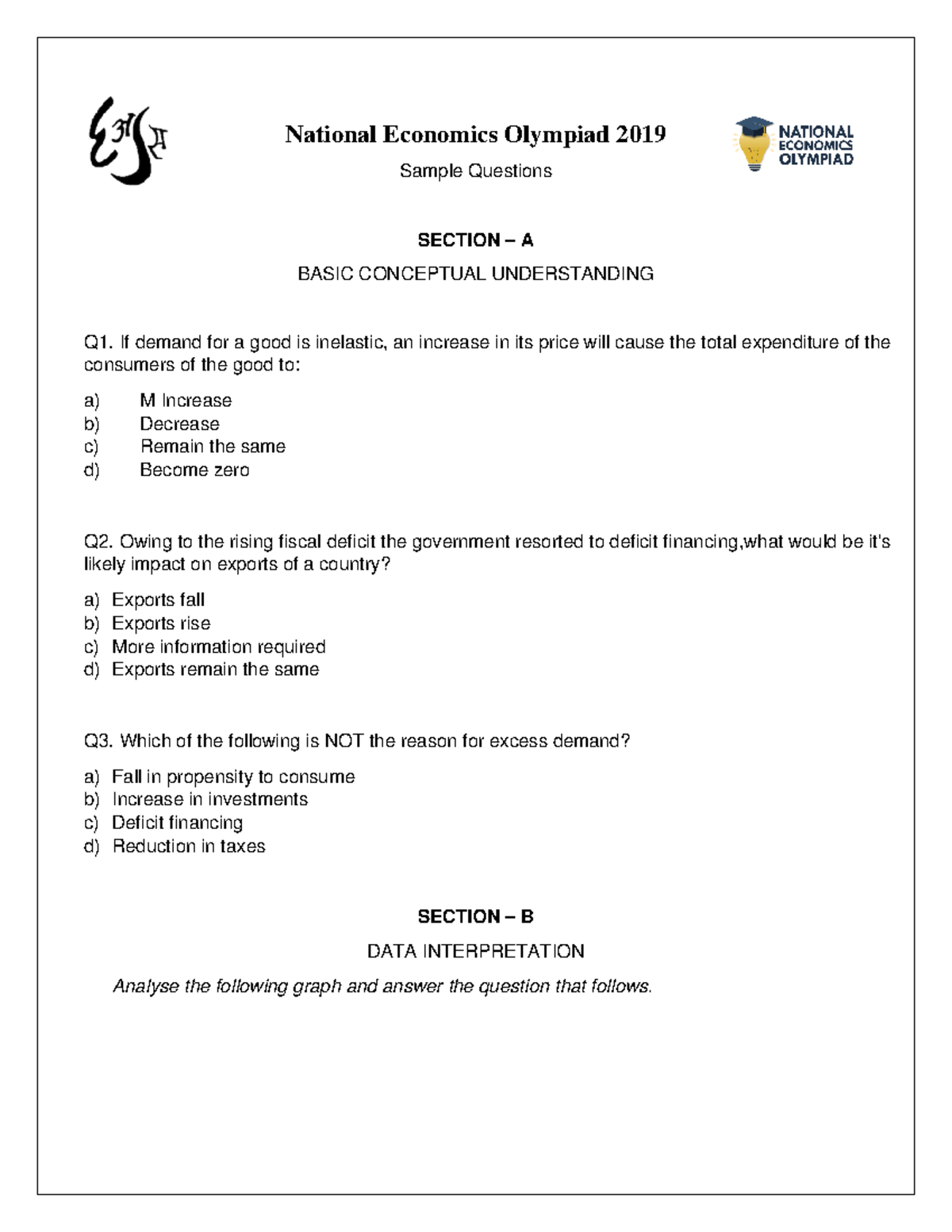 2019 - National Economics Olympiad 2019 Sample Questions SECTION – A ...