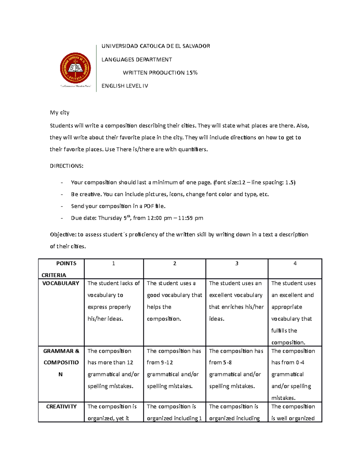 Written Production - UNIVERSIDAD CATOLICA DE EL SALVADOR LANGUAGES ...