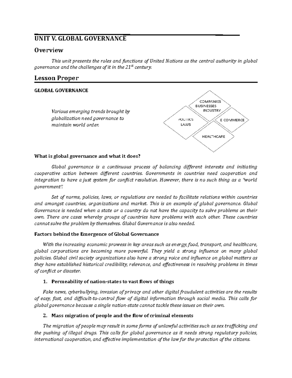 UNIT V Global Governance - UNIT V. GLOBAL GOVERNANCE Overview This unit ...