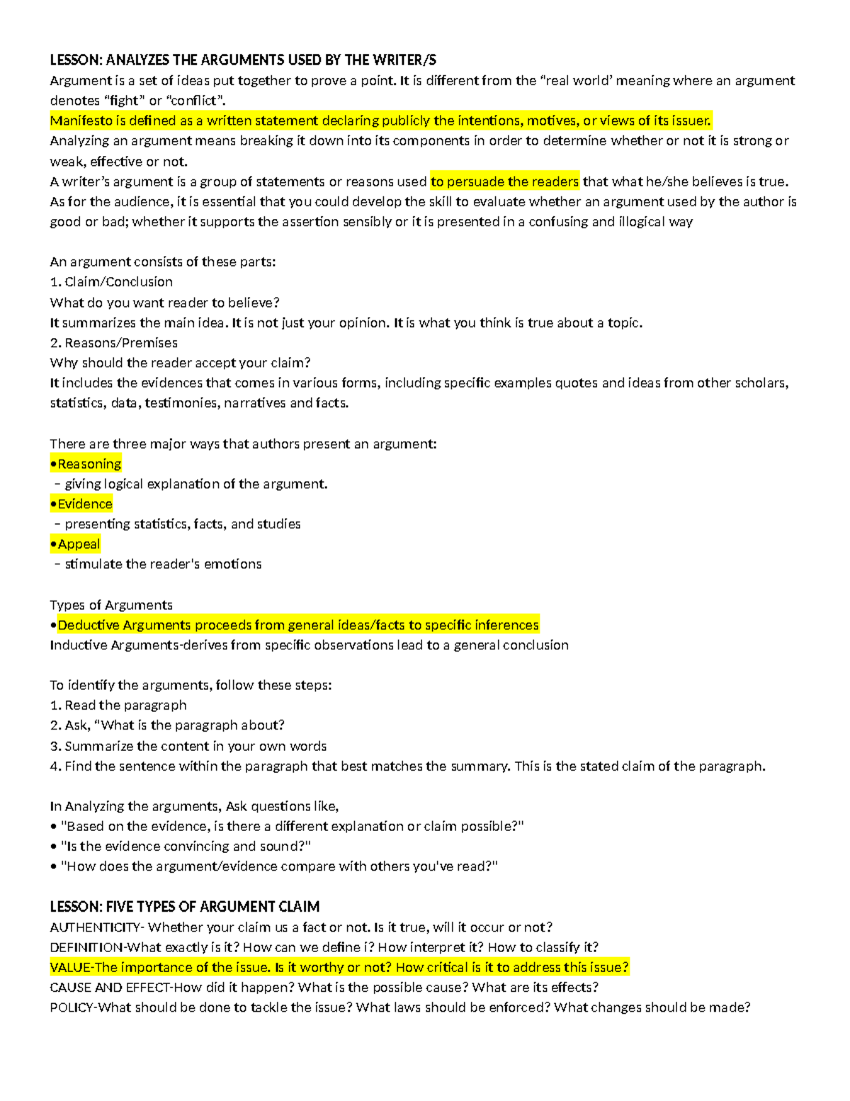 2ND QTR Lesson Coverage EXAM Reviewer - LESSON: ANALYZES THE ARGUMENTS ...