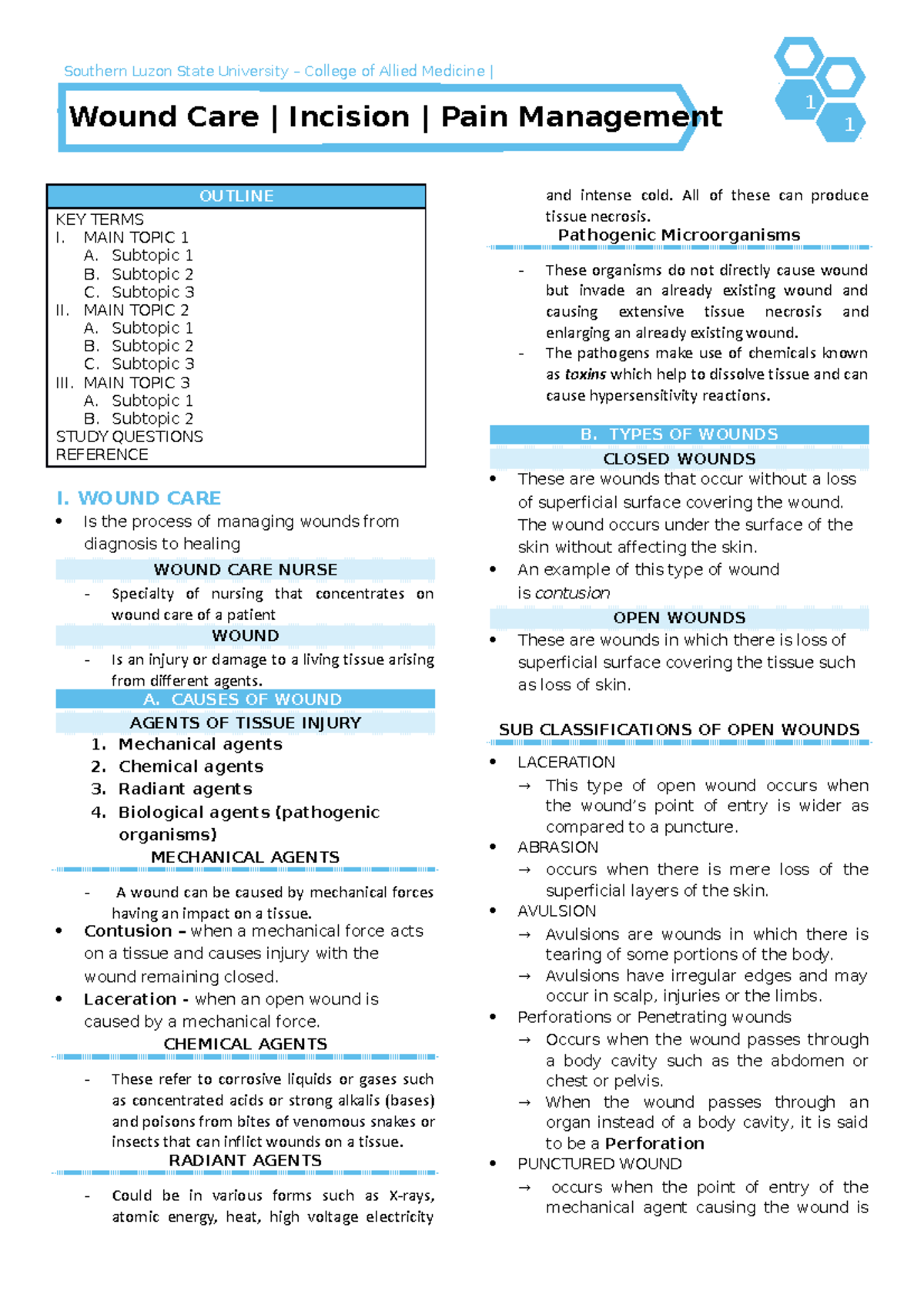 Wound CARE, TYPE OF Dressing, Incision, PAIN Management - OUTLINE KEY ...