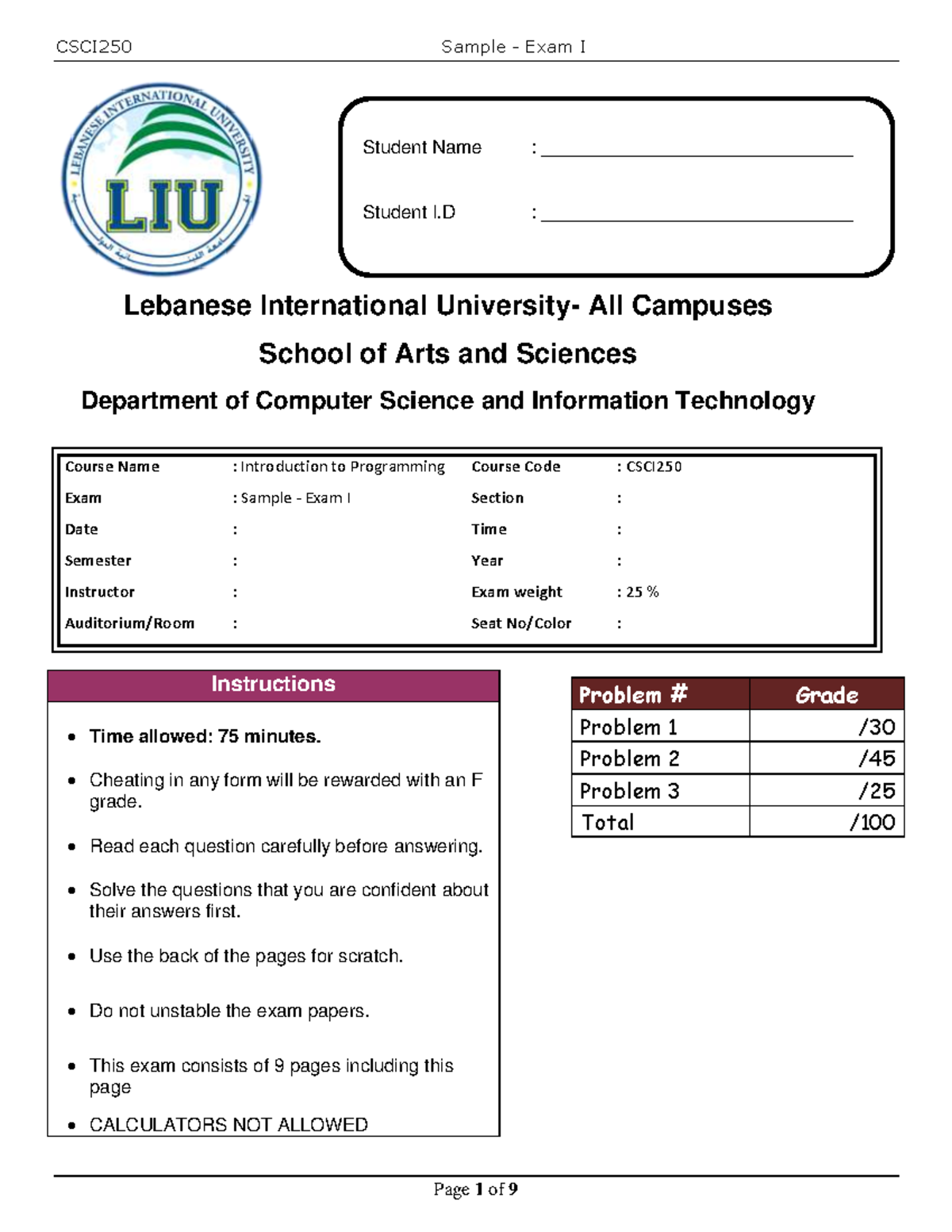 Sample/practice exam - Lebanese International University- All Campuses ...