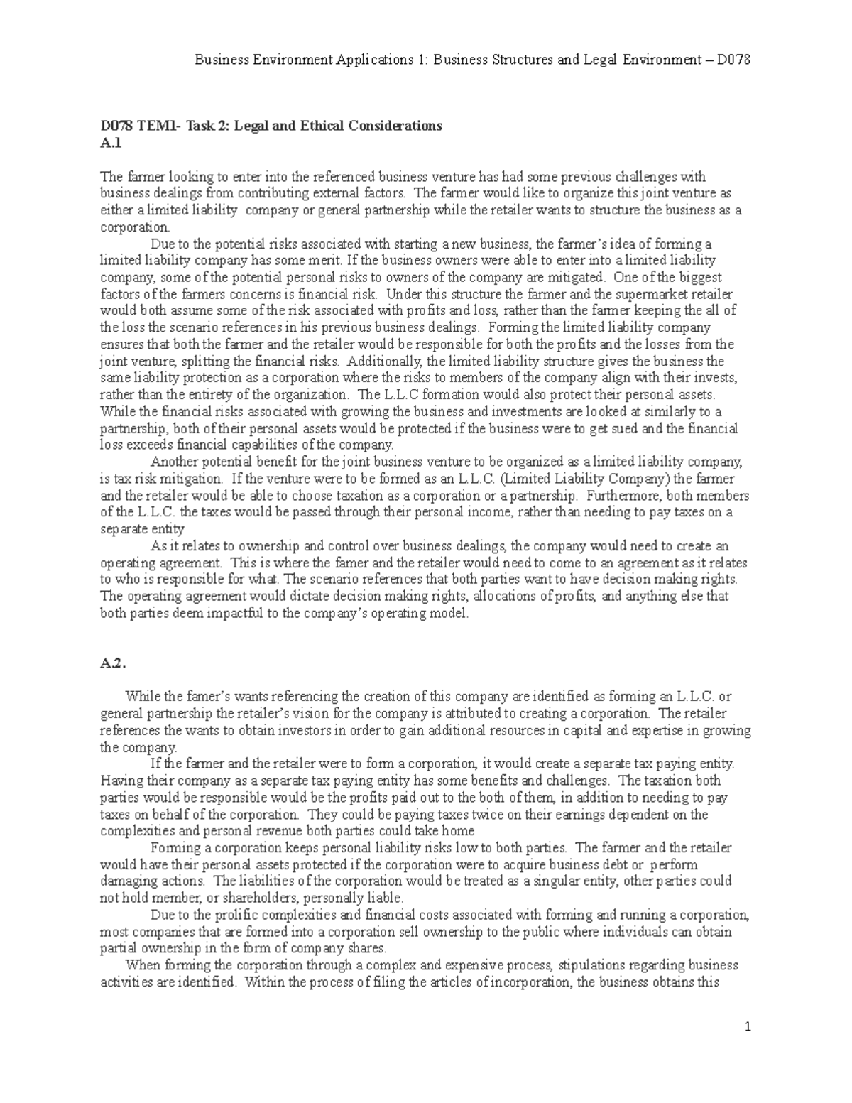 D078 Task 2 - Task 2 - Business Environment Applications 1: Business ...